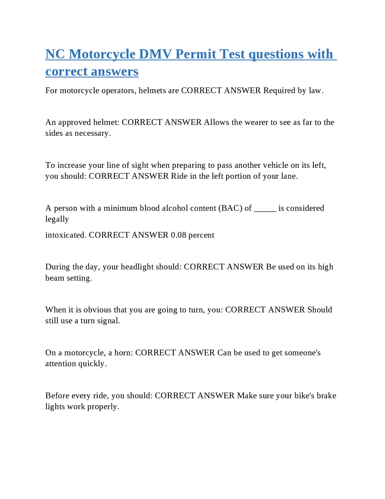 NC Motorcycle DMV Permit Test questions with correct answers | Exams ...