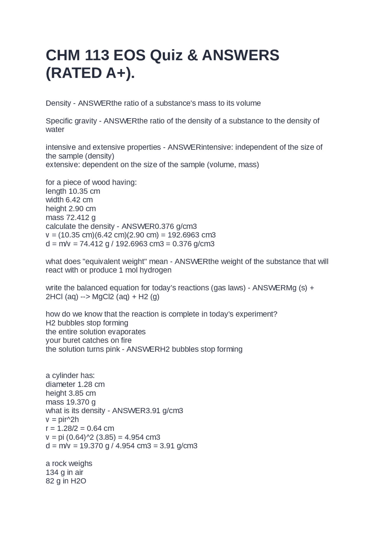 CHM 113 EOS Quiz & ANSWERS (RATED A+). | Exams Chemistry | Docsity