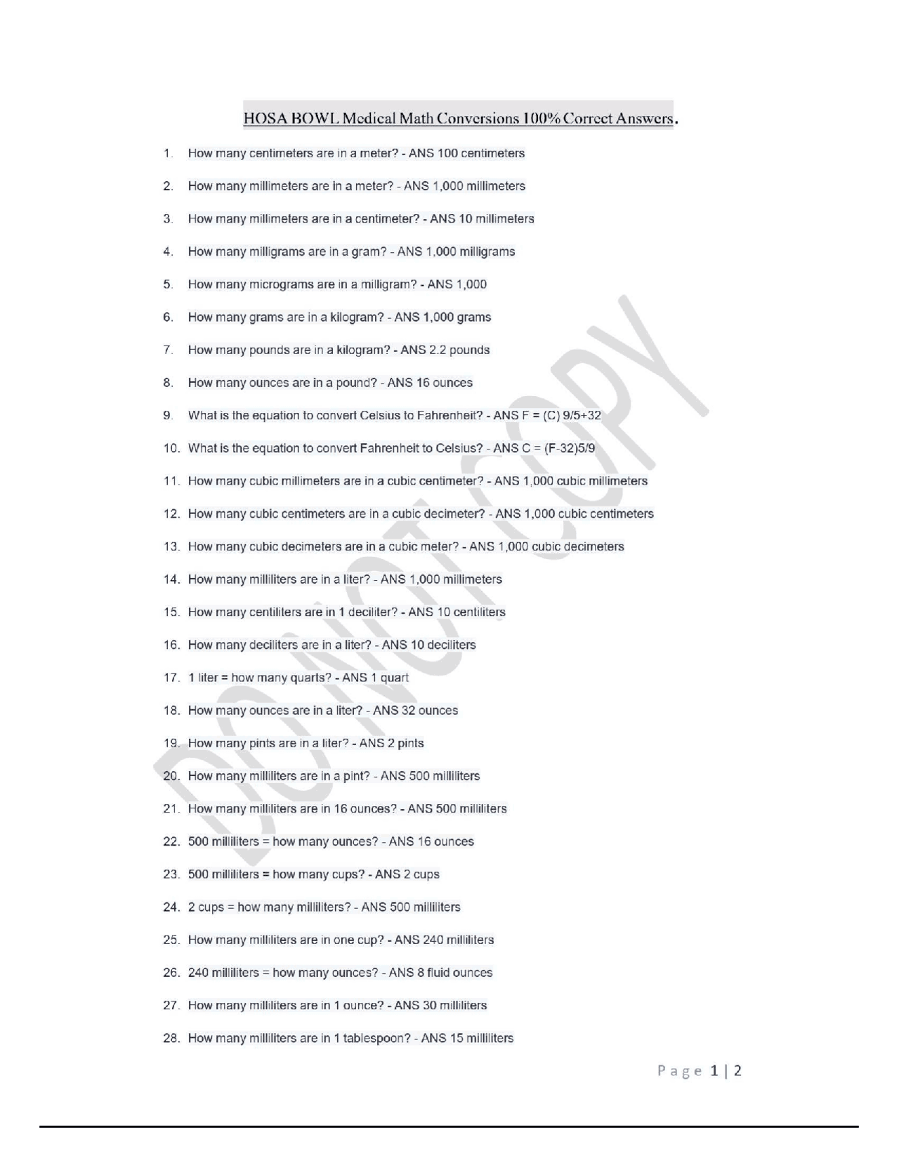 HOSA BOWL Medical Math Conversions 100% Correct Answers. | Exams ...