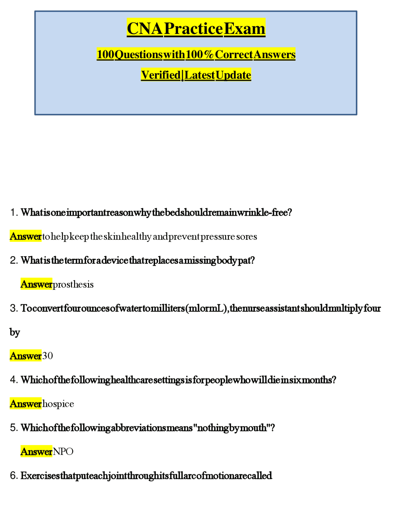 NA Practice Exam 100 Questions with Correct Answers (Latest 2025 / 2026 ...