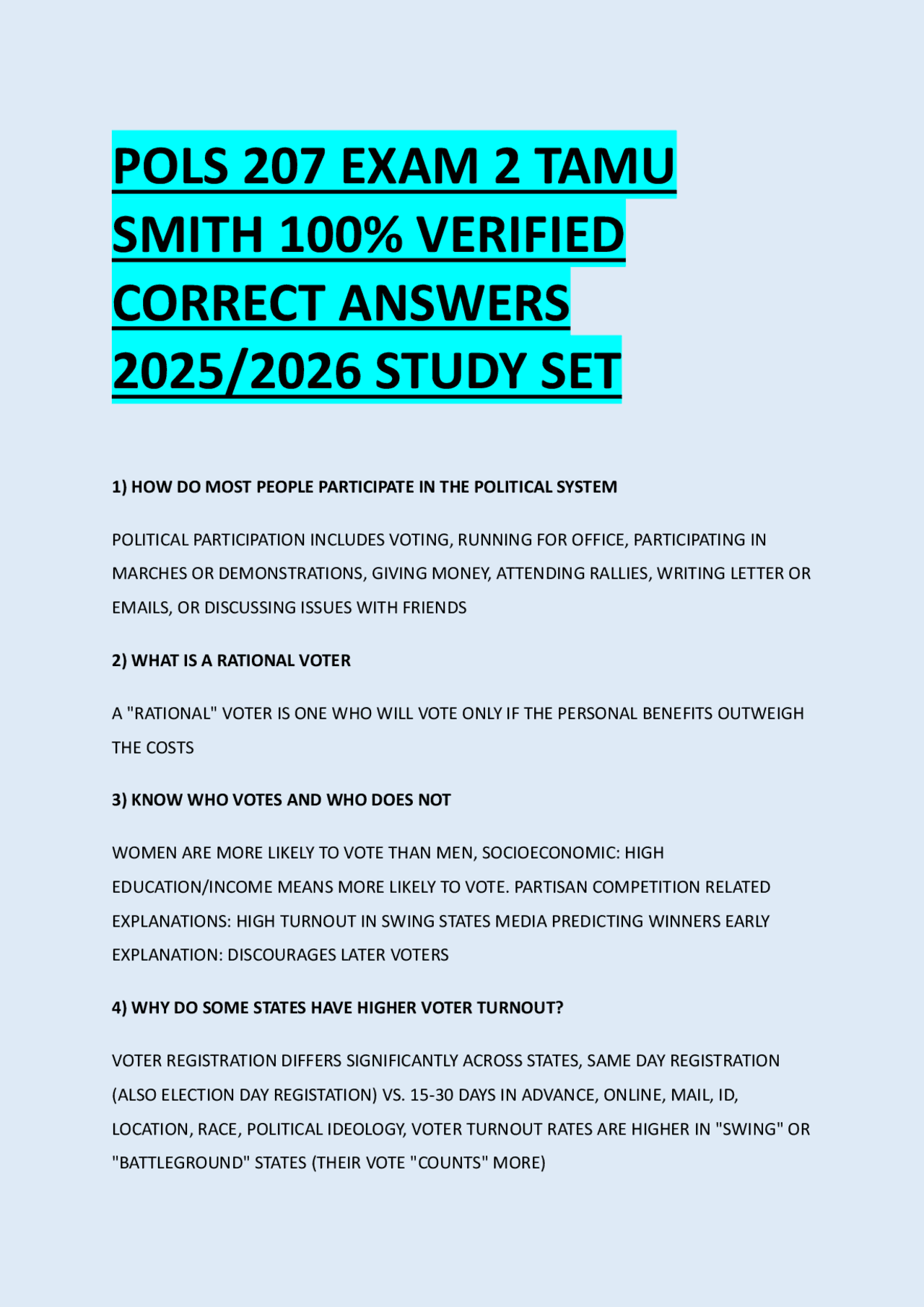 POLS 207 EXAM 2 TAMU SMITH 100% VERIFIED CORRECT ANSWERS 2025/2026 ...