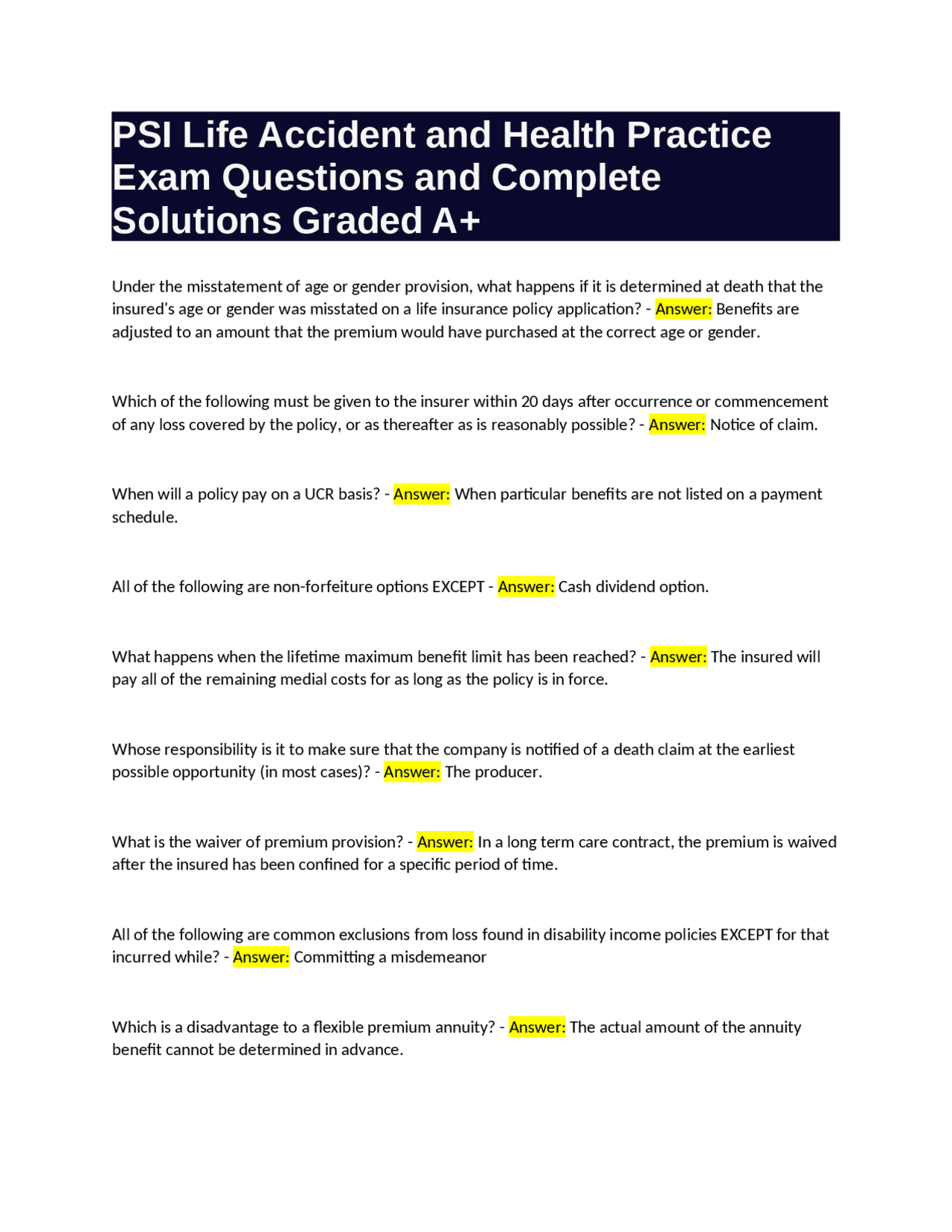 PSI Life Accident and Health Practice Exam Questions and Complete ...