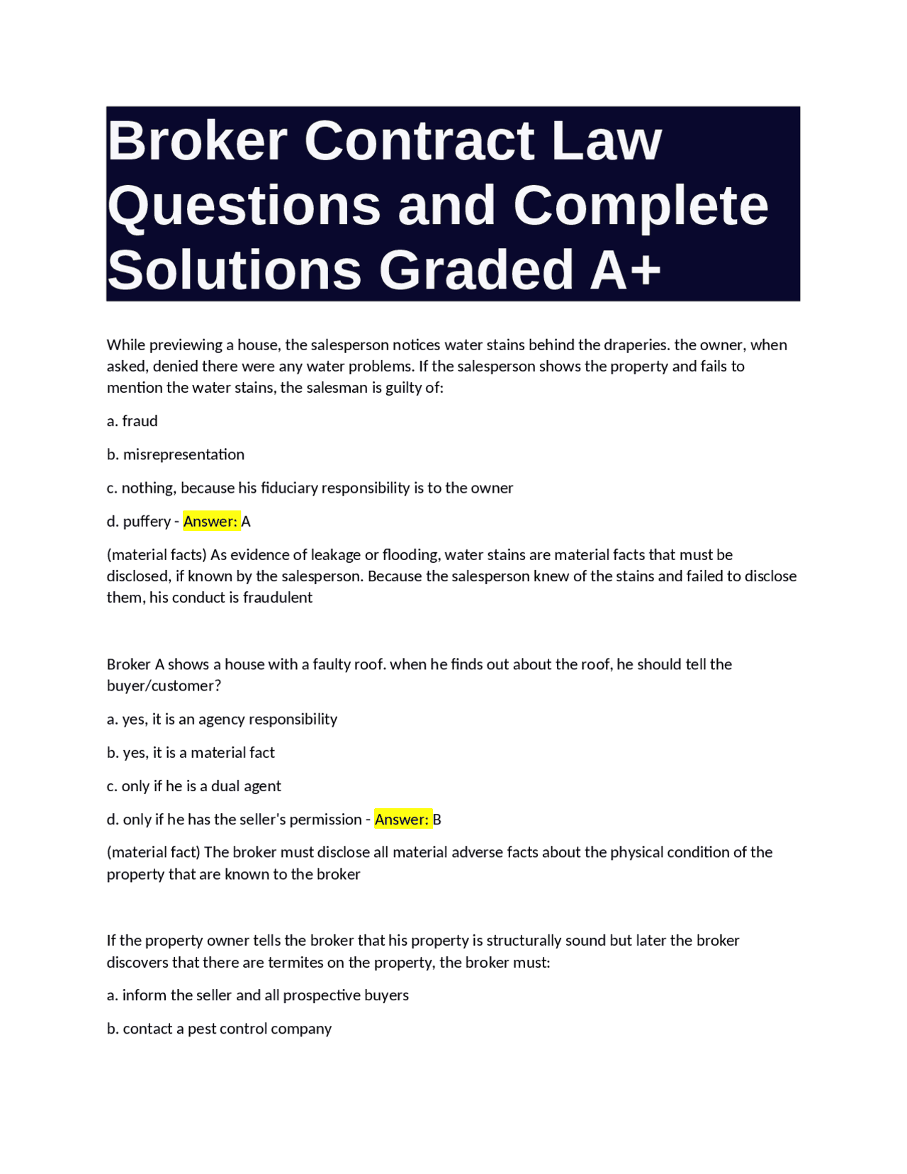 Broker Contract Law Questions and Complete Solutions Graded A+ | Exams ...