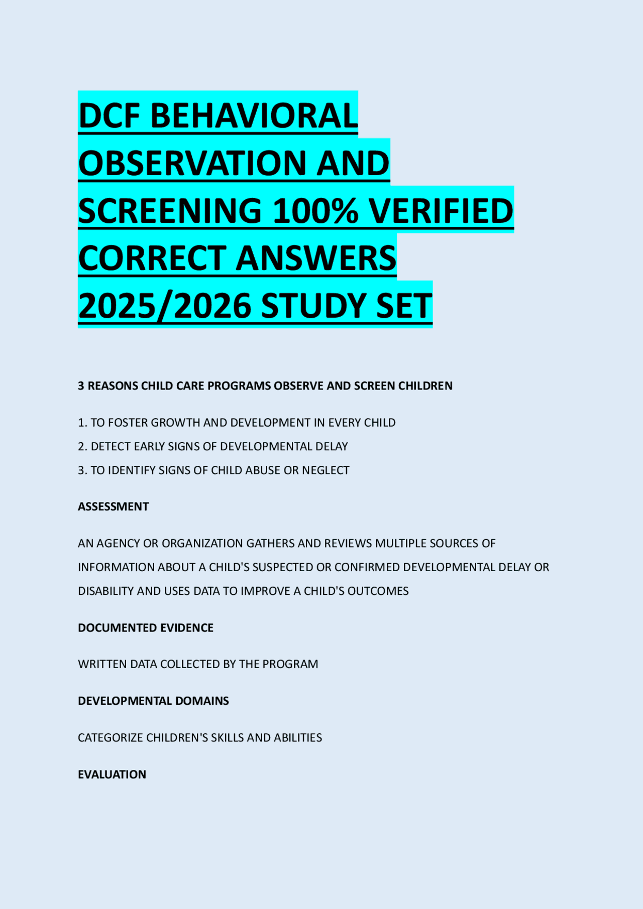 DCF BEHAVIORAL OBSERVATION AND SCREENING 100% VERIFIED CORRECT ANSWERS ...