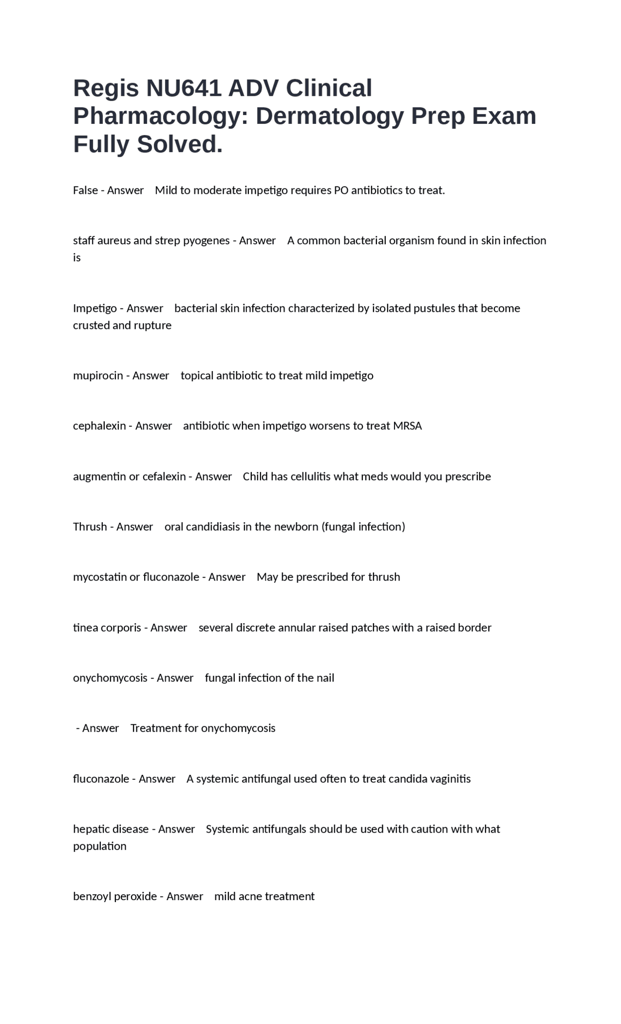 Dermatology Prep Exam: Questions and Answers for Regis NU641 ADV ...