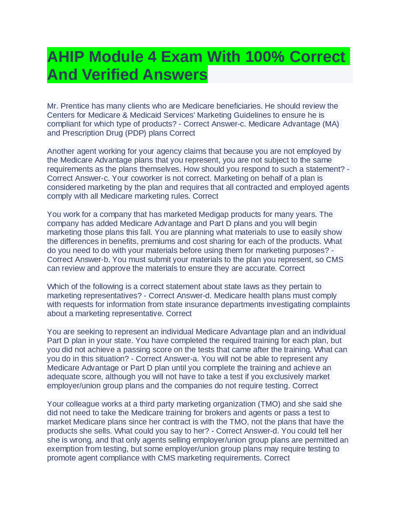 AHIP Module 4 Exam With 100% Correct And Verified Answers | Exams ...