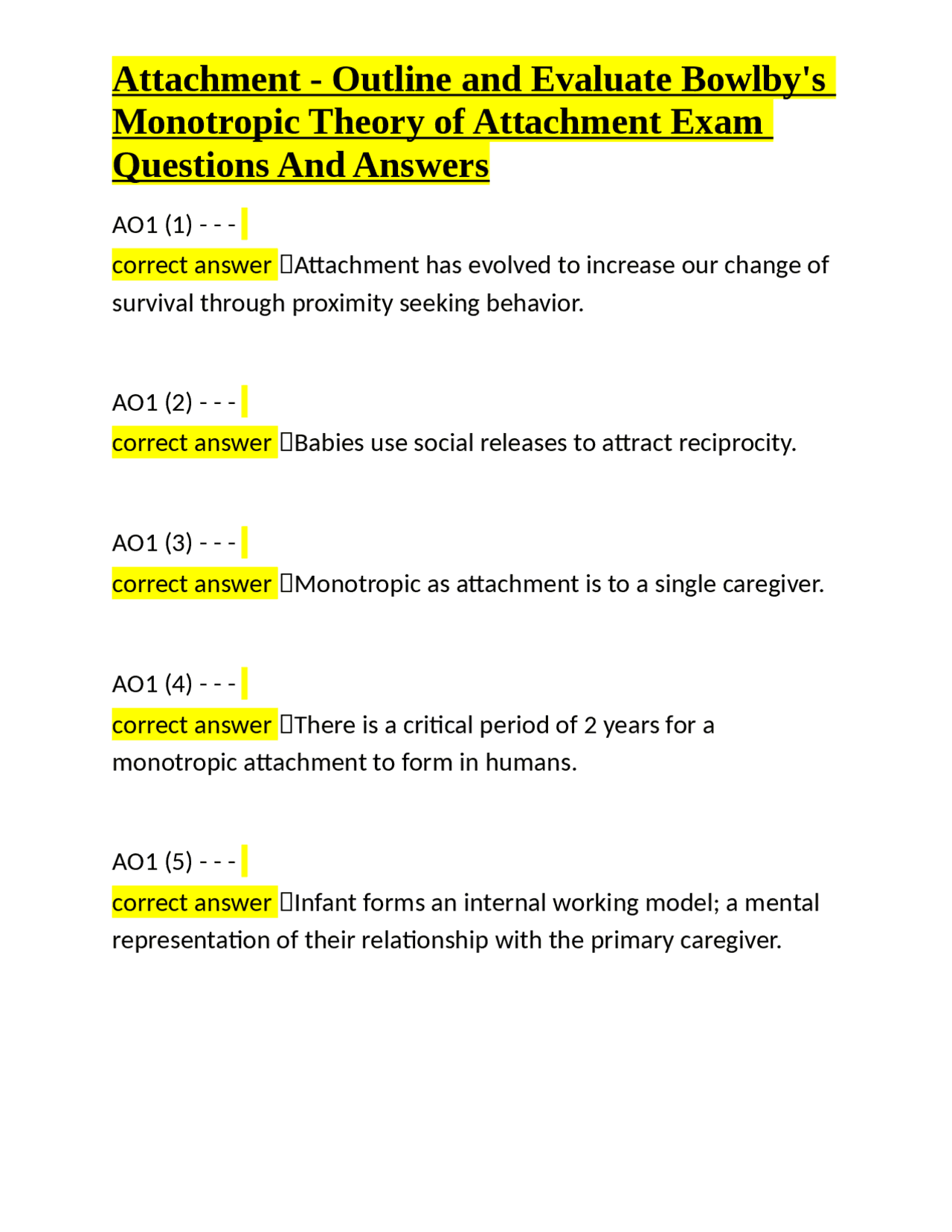 Bowlby's Monotropic Theory of Attachment: Exam Questions and Answers ...
