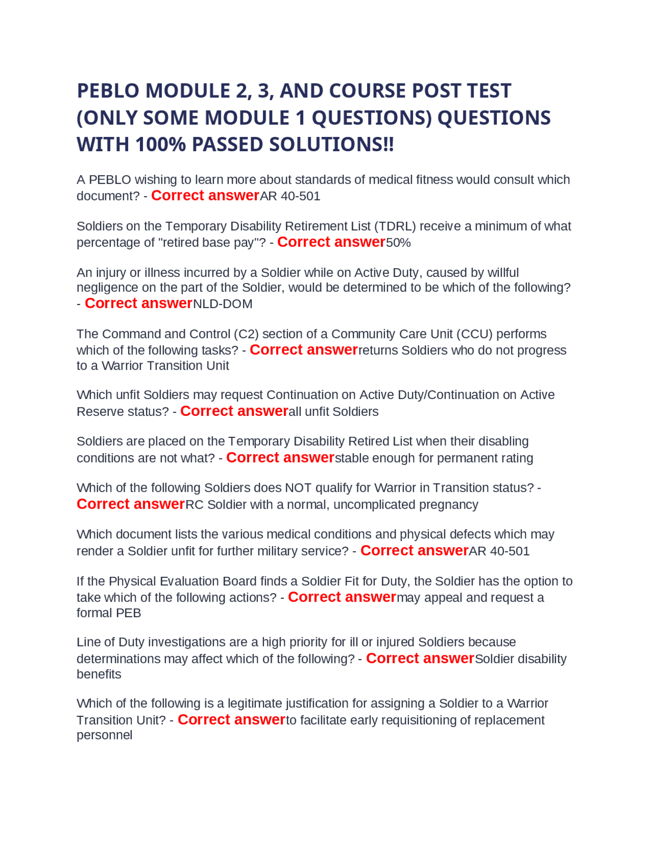 PEBLO Module 2, 3, and Course Post Test Questions with Solutions ...