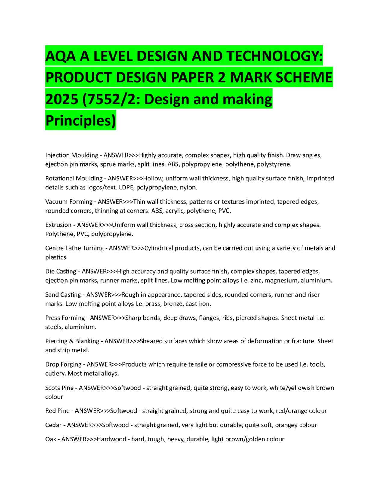 AQA A LEVEL DESIGN AND TECHNOLOGY: PRODUCT DESIGN PAPER 2 MARK SCHEME ...