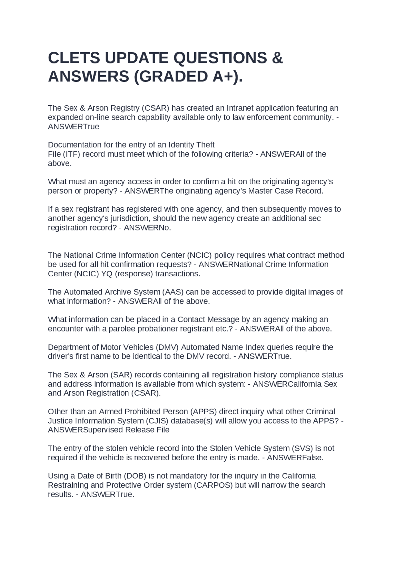 CLETS UPDATE QUESTIONS & ANSWERS (GRADED A+). | Exams Commercial Law ...