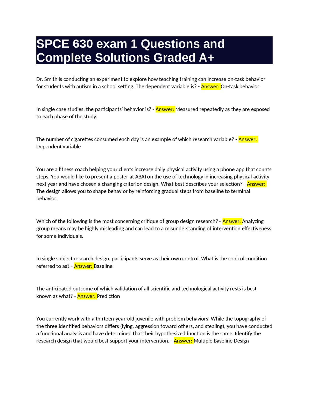 SPCE 630 exam 1 Questions with Complete Answers Graded A+ | Exams ...