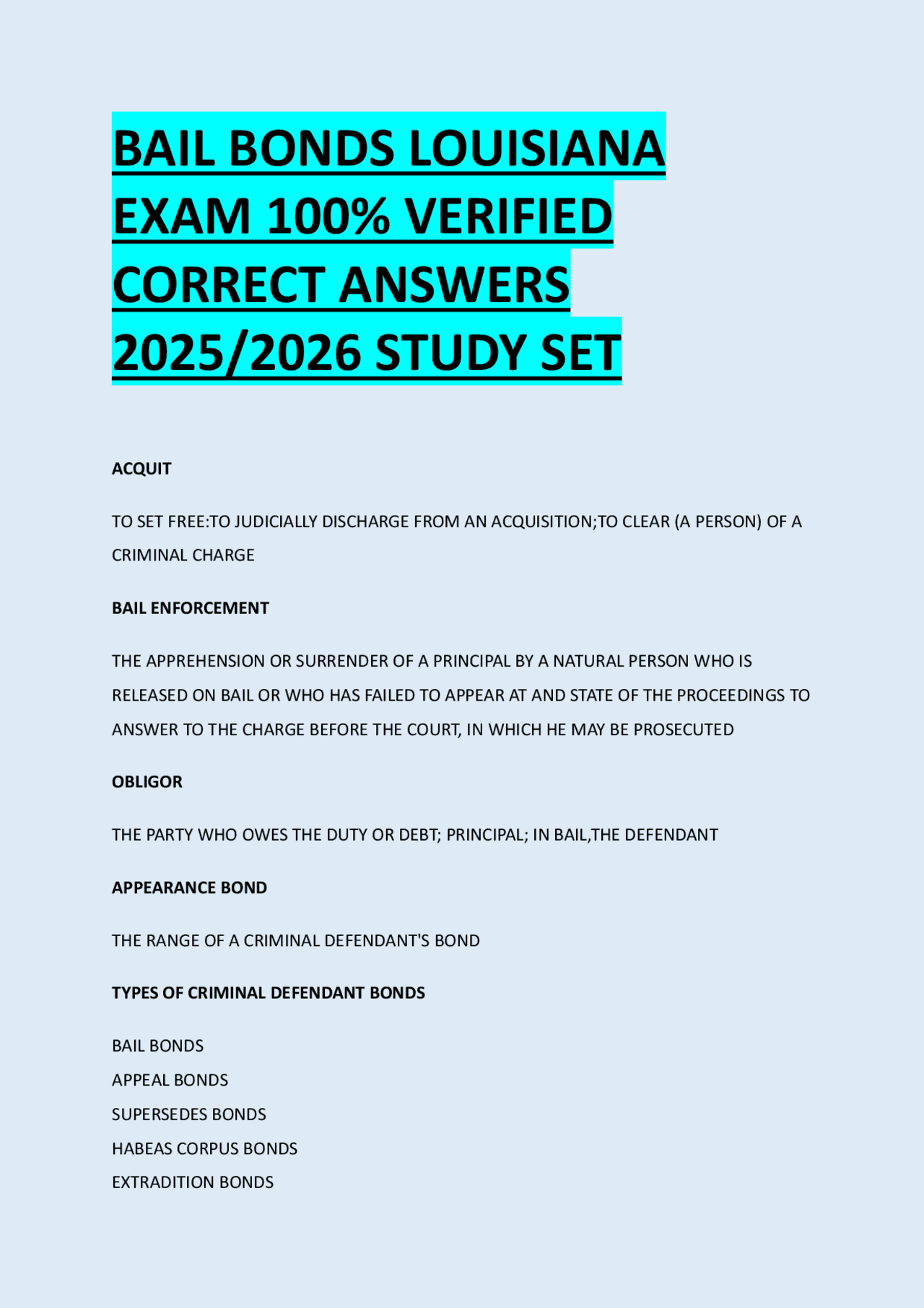BAIL BONDS LOUISIANA EXAM 100% VERIFIED CORRECT ANSWERS 2025/2026 STUDY ...