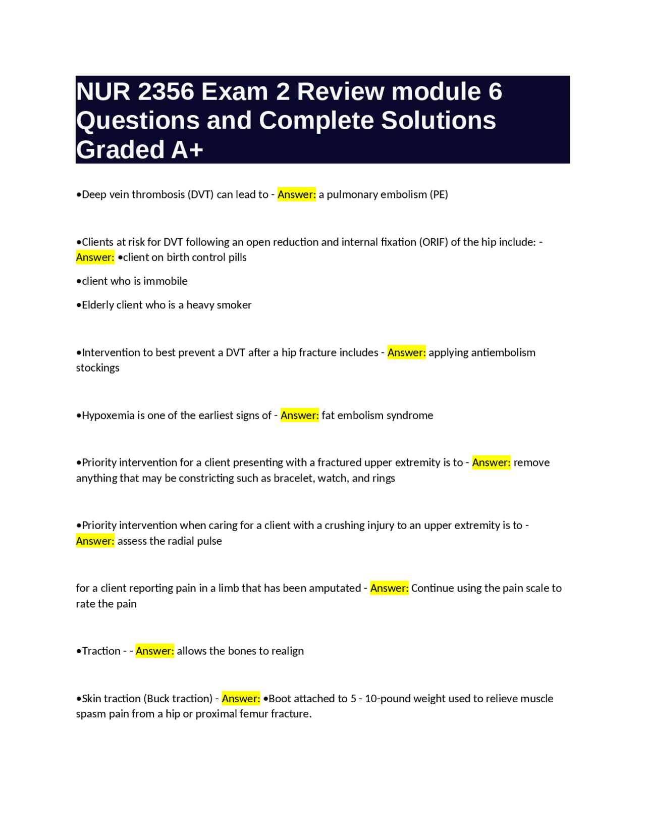 NUR 2356 Exam 2 Review module 6 Questions and Complete Solutions Graded ...