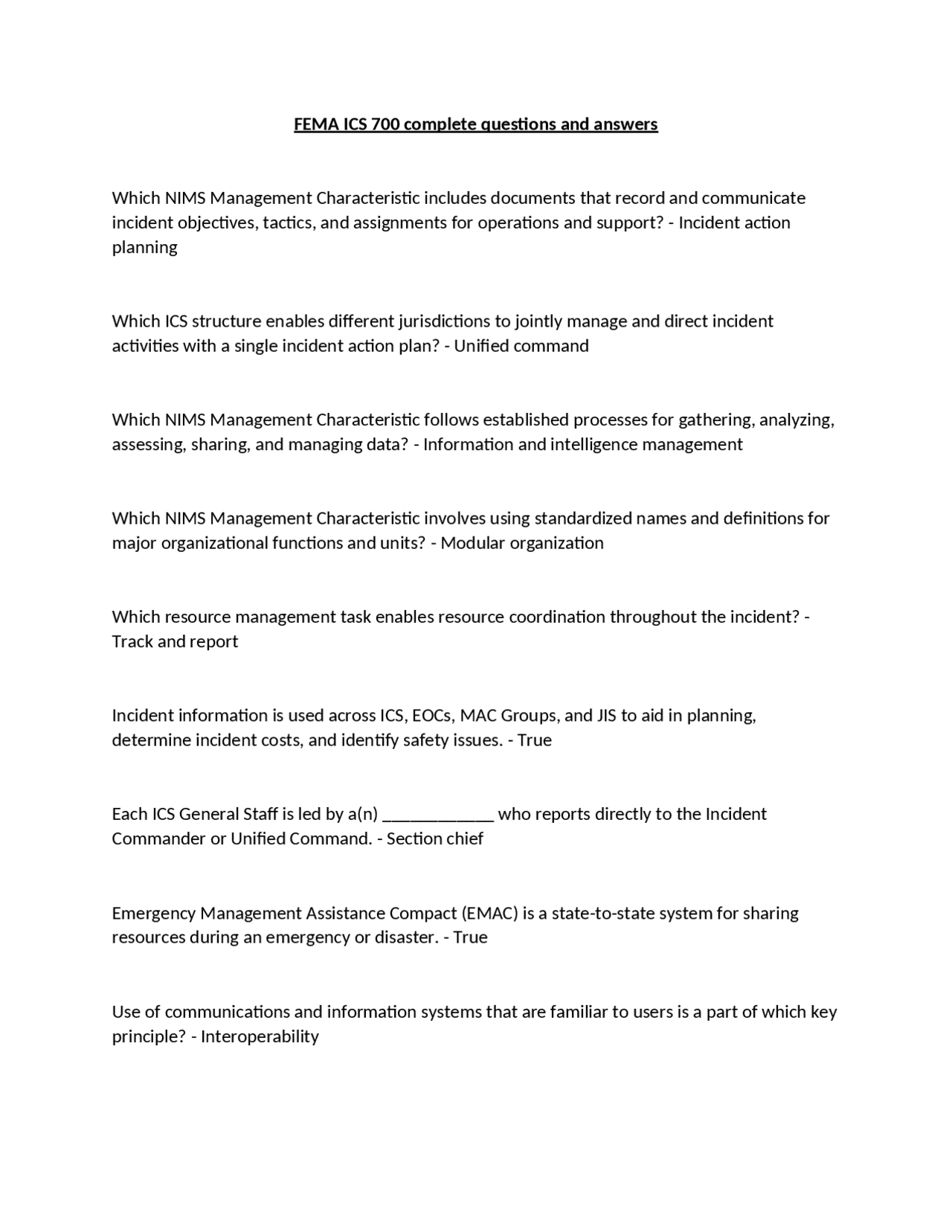 FEMA ICS 700: Complete Questions and Answers for Emergency Management ...