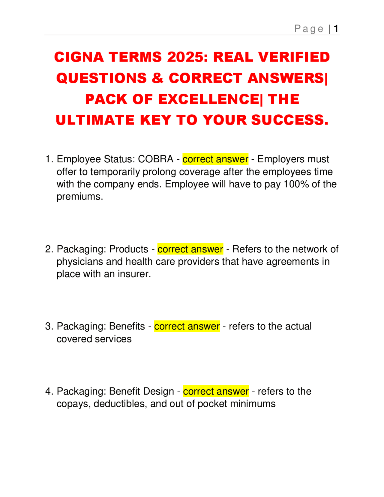 CIGNA Terms 2025: Real Verified Questions & Correct Answers | Exams ...