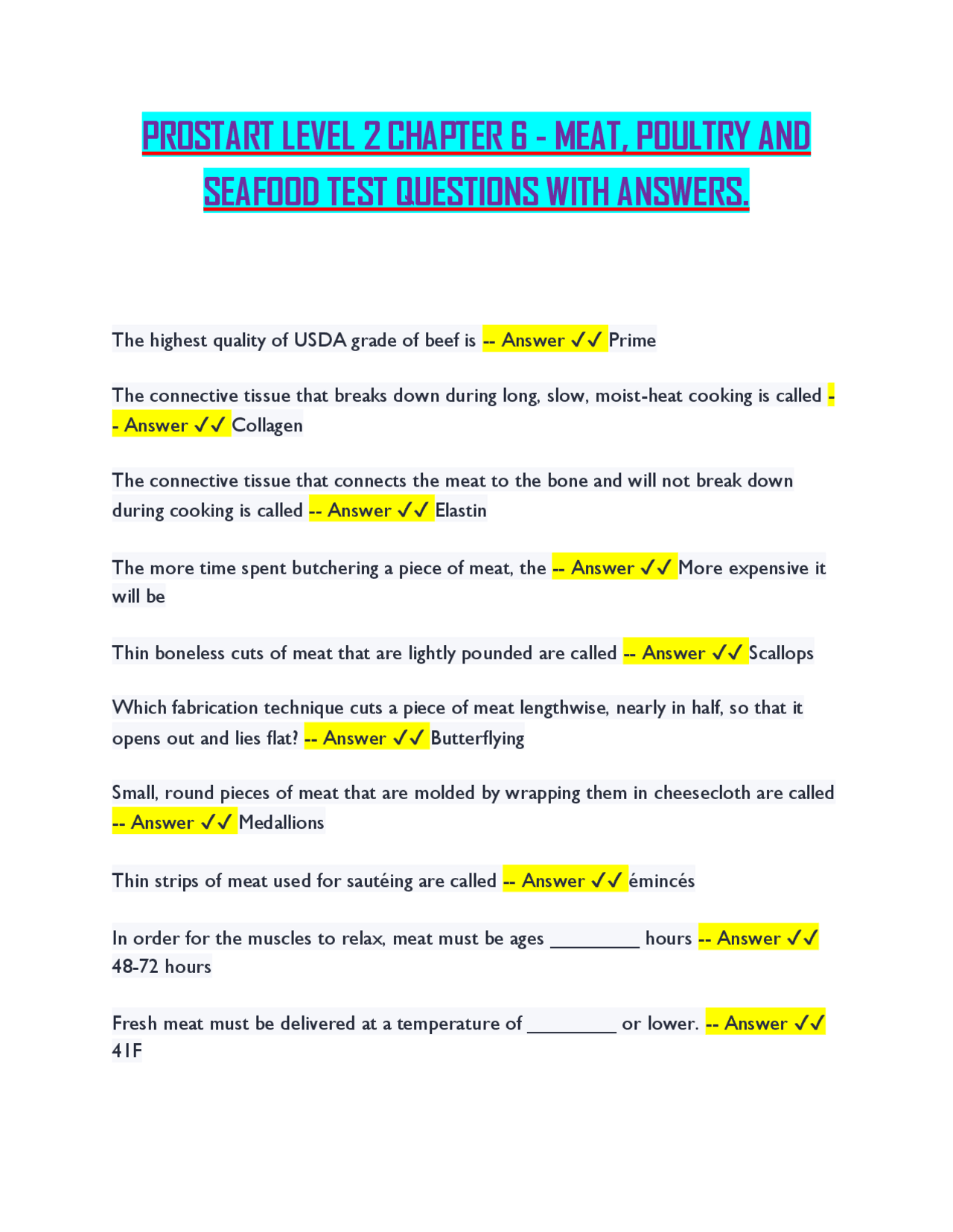 PROSTART LEVEL 2 CHAPTER 6 TEST QUESTIONS WITH ANSWERS | Exams Nursing ...