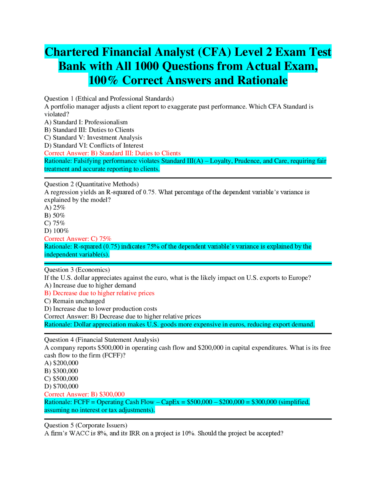 Chartered Financial Analyst (CFA) Level 2 Exam Test Bank with All 1000 ...