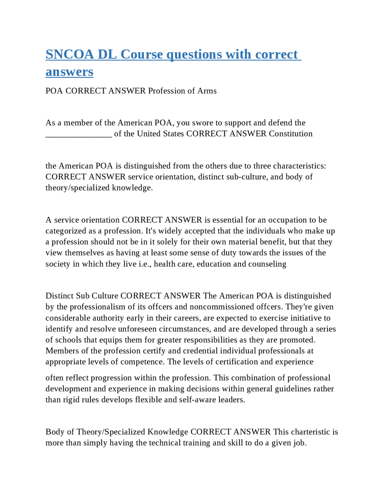 SNCOA DL Course questions with correct answers | Exams Law | Docsity