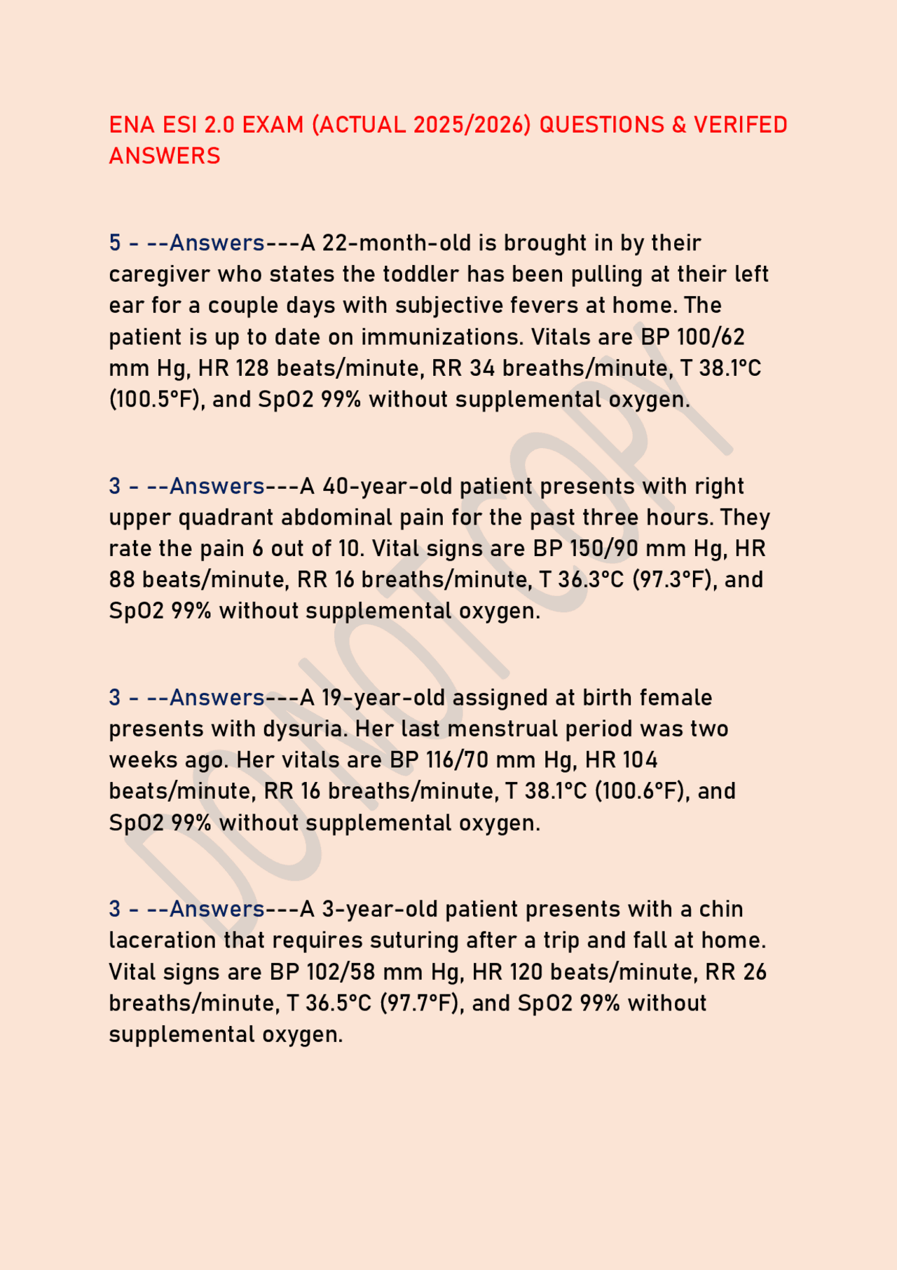 ENA ESI 2.0 EXAM (ACTUAL 2025/2026) QUESTIONS & VERIFED ANSWERS | Exams Nursing | Docsity