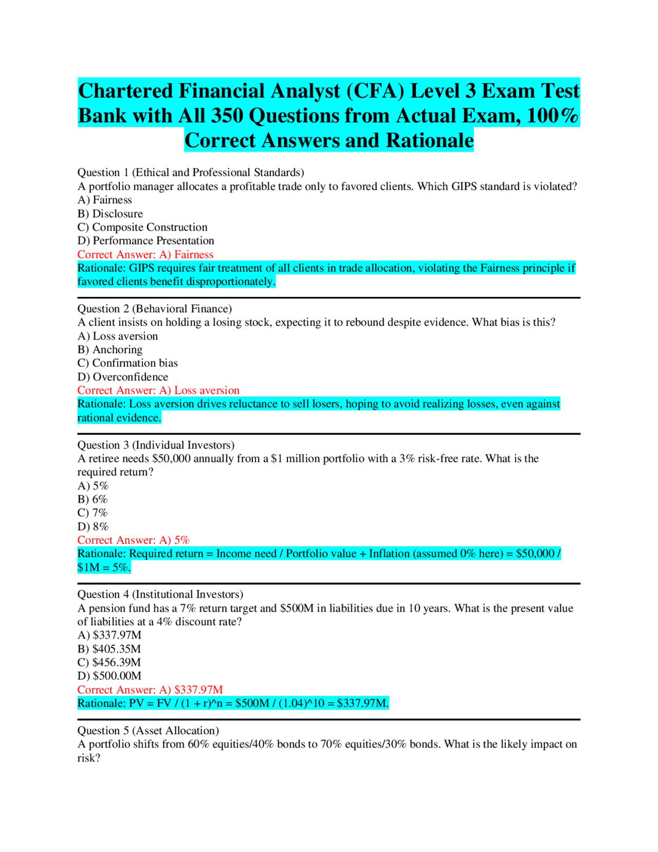 Chartered Financial Analyst (CFA) Level 3 Exam Test Bank with All 350 ...