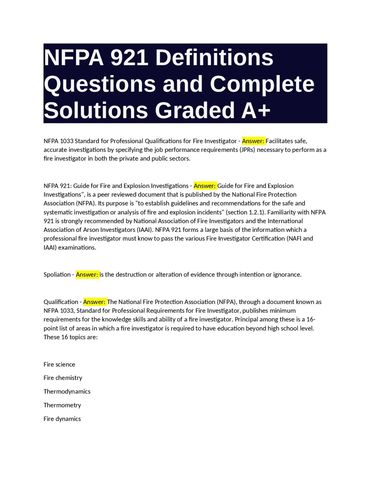 NFPA 921 Definitions Questions and Complete Solutions Graded A+ | Exams ...