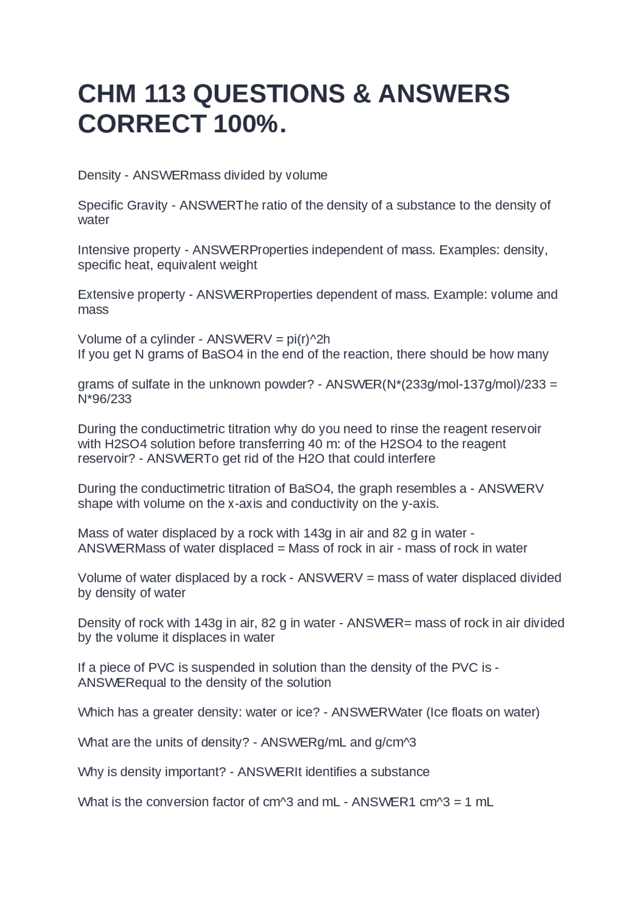 CHM 113 QUESTIONS & ANSWERS CORRECT 100%.CHM 113 QUESTIONS & ANSWERS ...