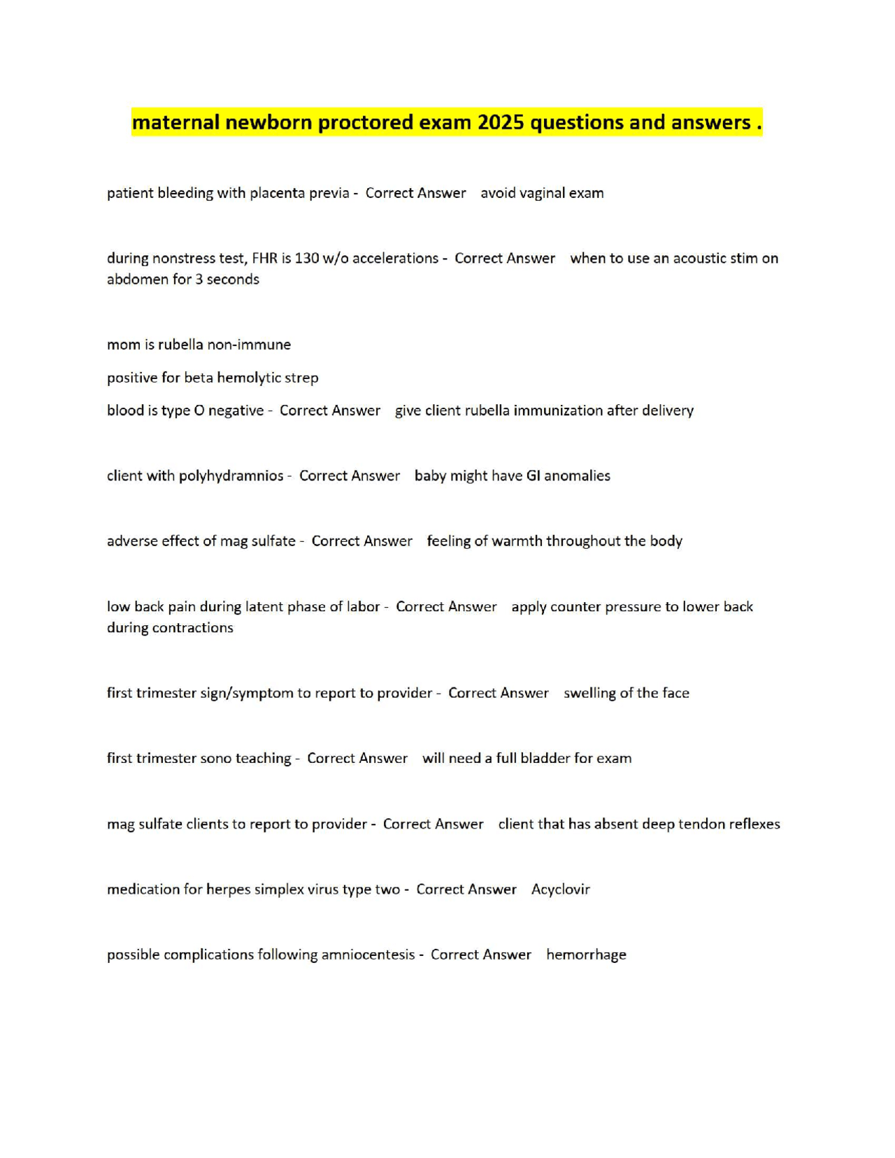 maternal newborn proctored exam 2025 questions and answers . | Exams Nursing | Docsity