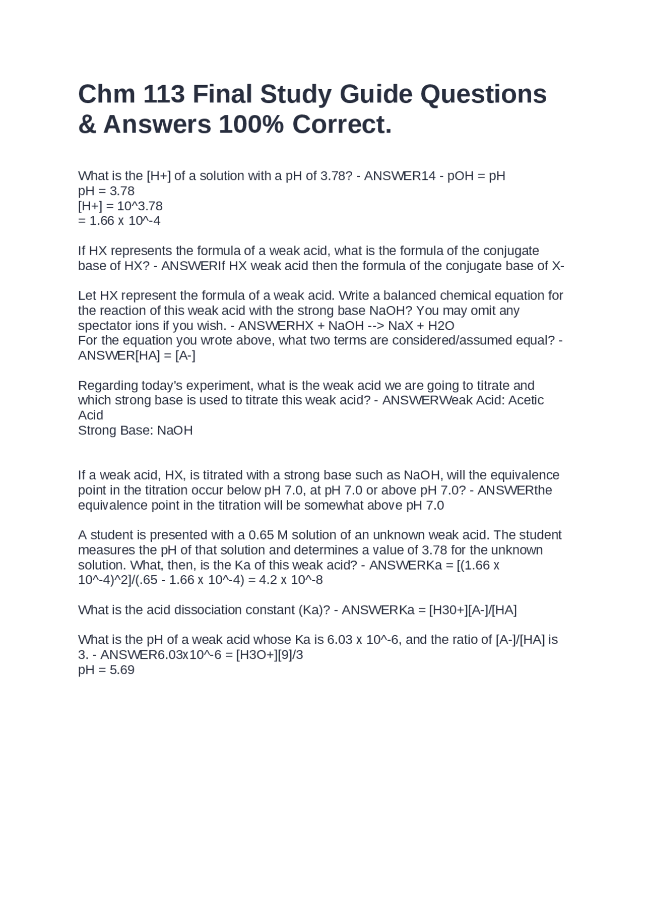 Chm 113 Final Study Guide Questions & Answers 100% Correct.Chm 113 Final Study Guide Quest ...