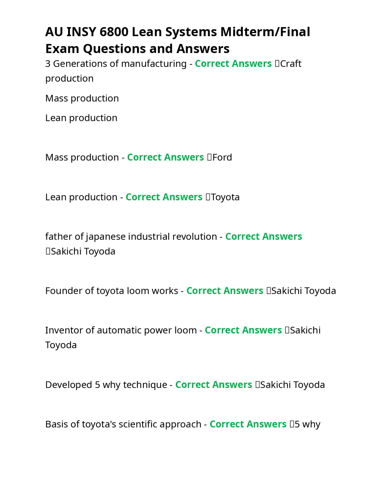 AU INSY 6800 Lean Systems Midterm/Final Exam Questions and Answers | Exams Nursing | Docsity