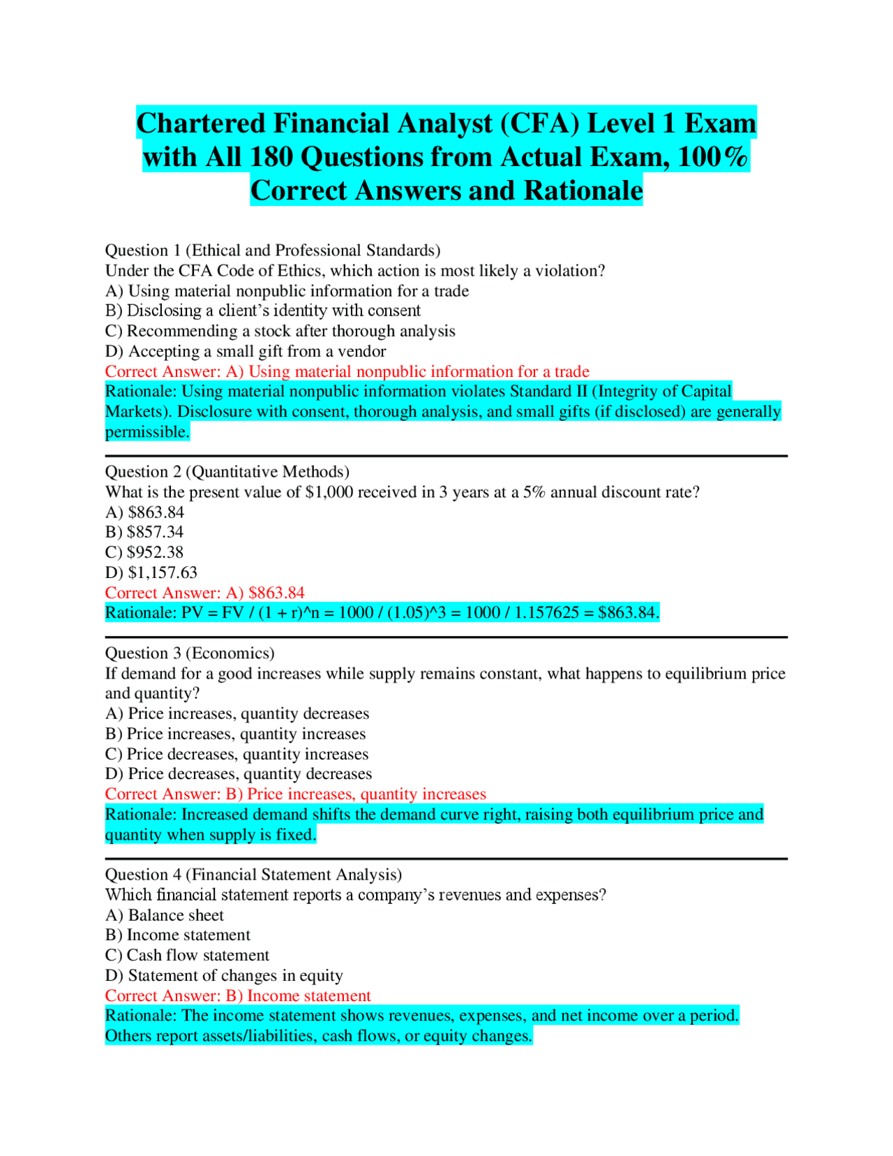 Chartered Financial Analyst (CFA) Level 1 Exam with All 180 Questions ...