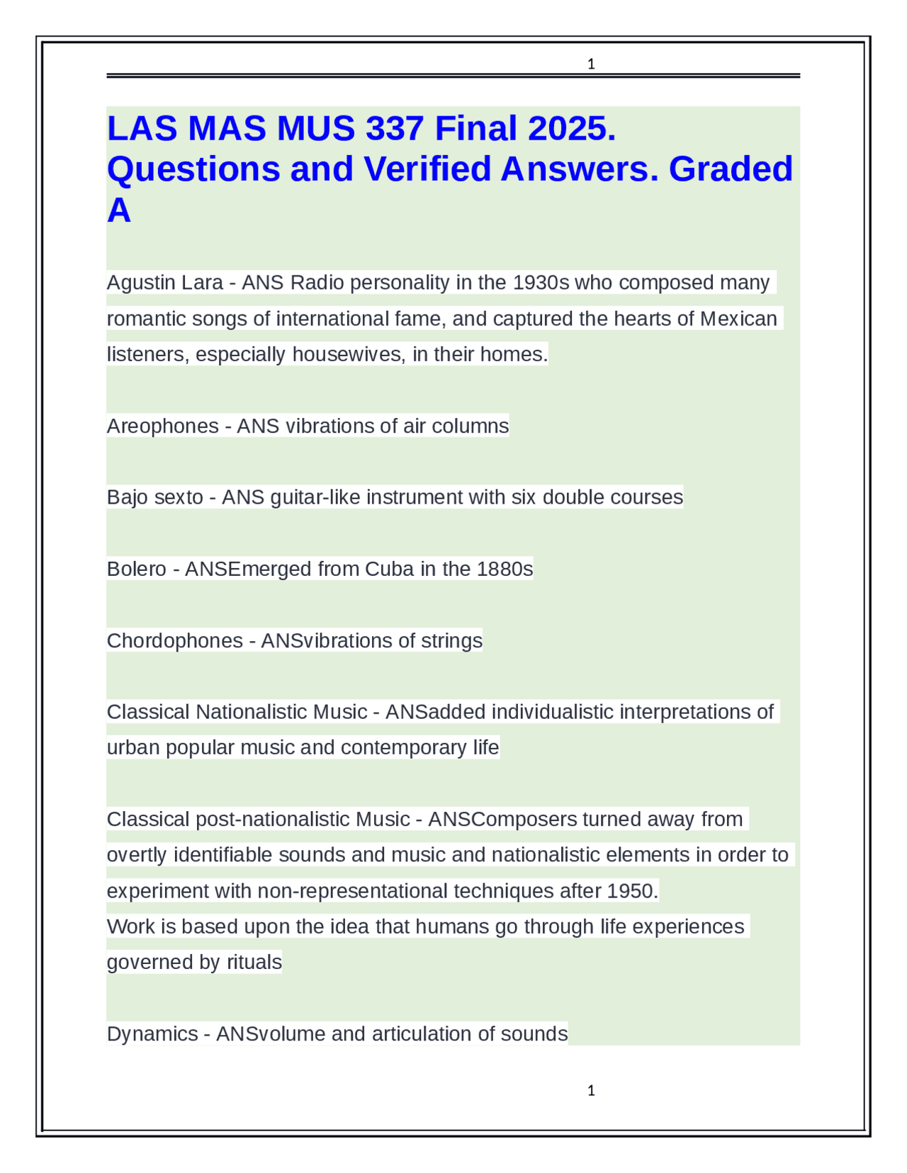 LAS MAS MUS 337 Final 2025. Questions and Verified Answers. Graded A ...