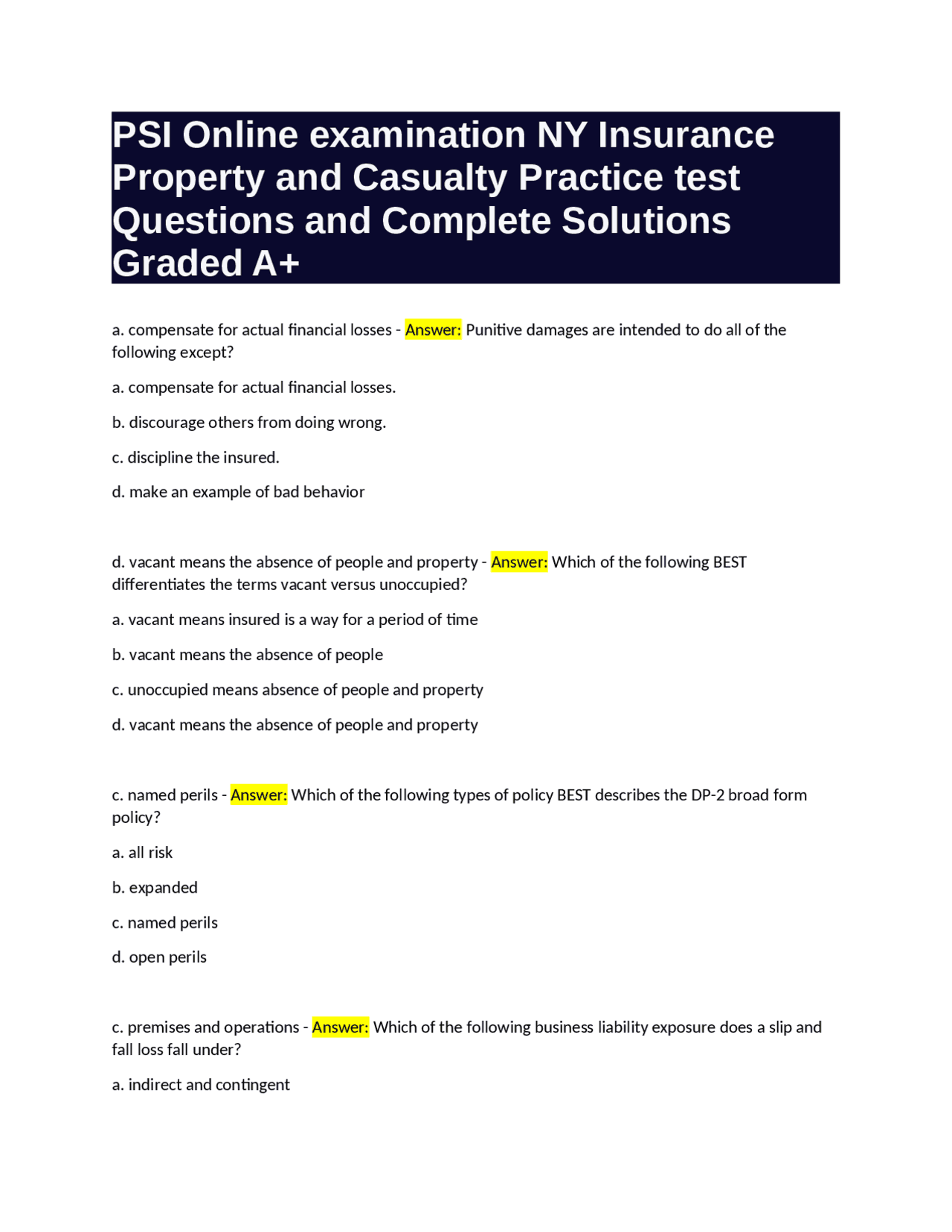 PSI Online examination NY Insurance Property and Casualty Practice test ...