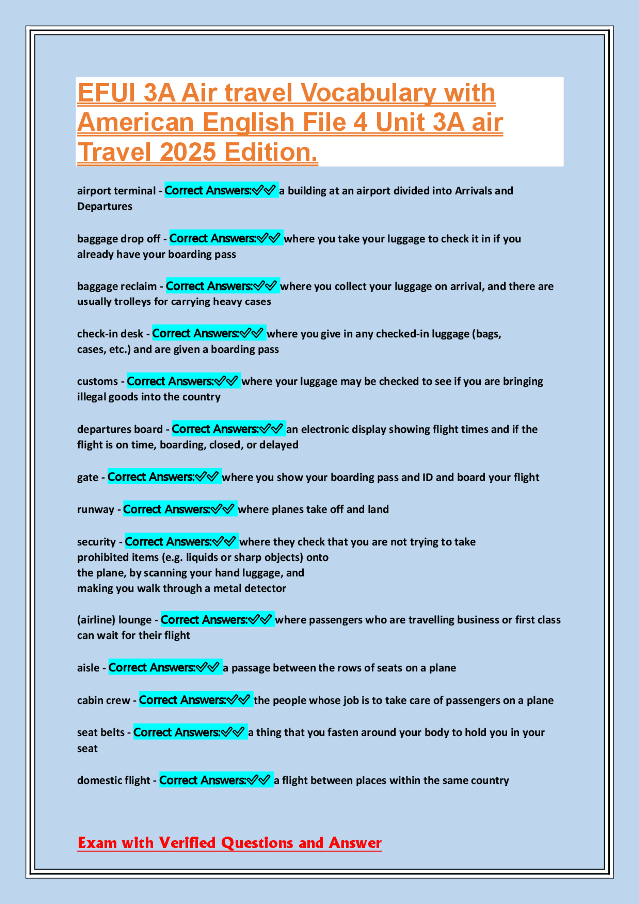 Air Travel Vocabulary: Exam with Verified Questions and Answers | Exams ...