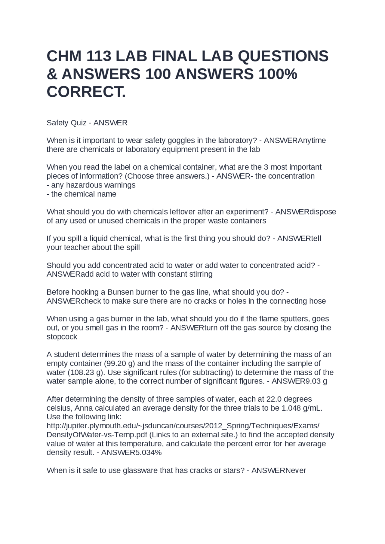 CHM 113 LAB FINAL LAB QUESTIONS & ANSWERS 100 ANSWERS 100% CORRECT.CHM ...