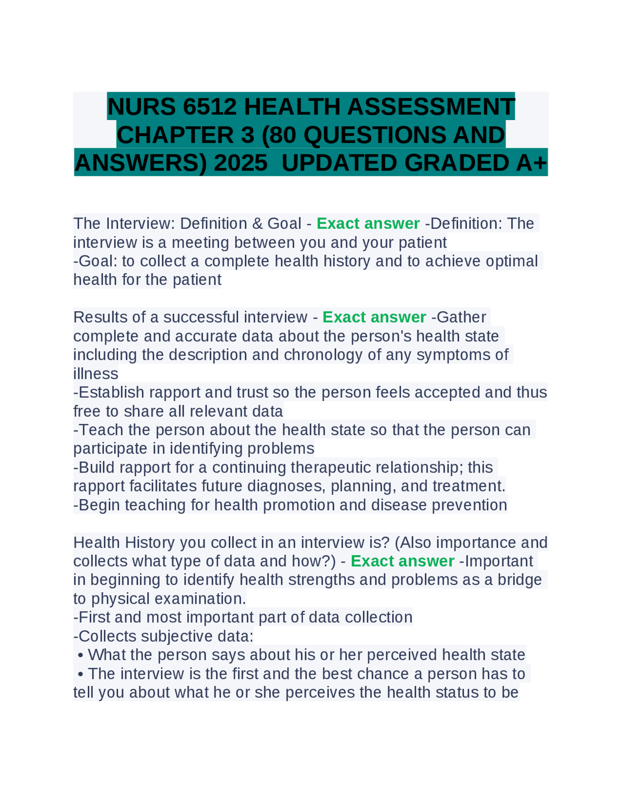 NURS 6512 HEALTH ASSESSMENT CHAPTER 3 (80 QUESTIONS AND ANSWERS) 2025 ...