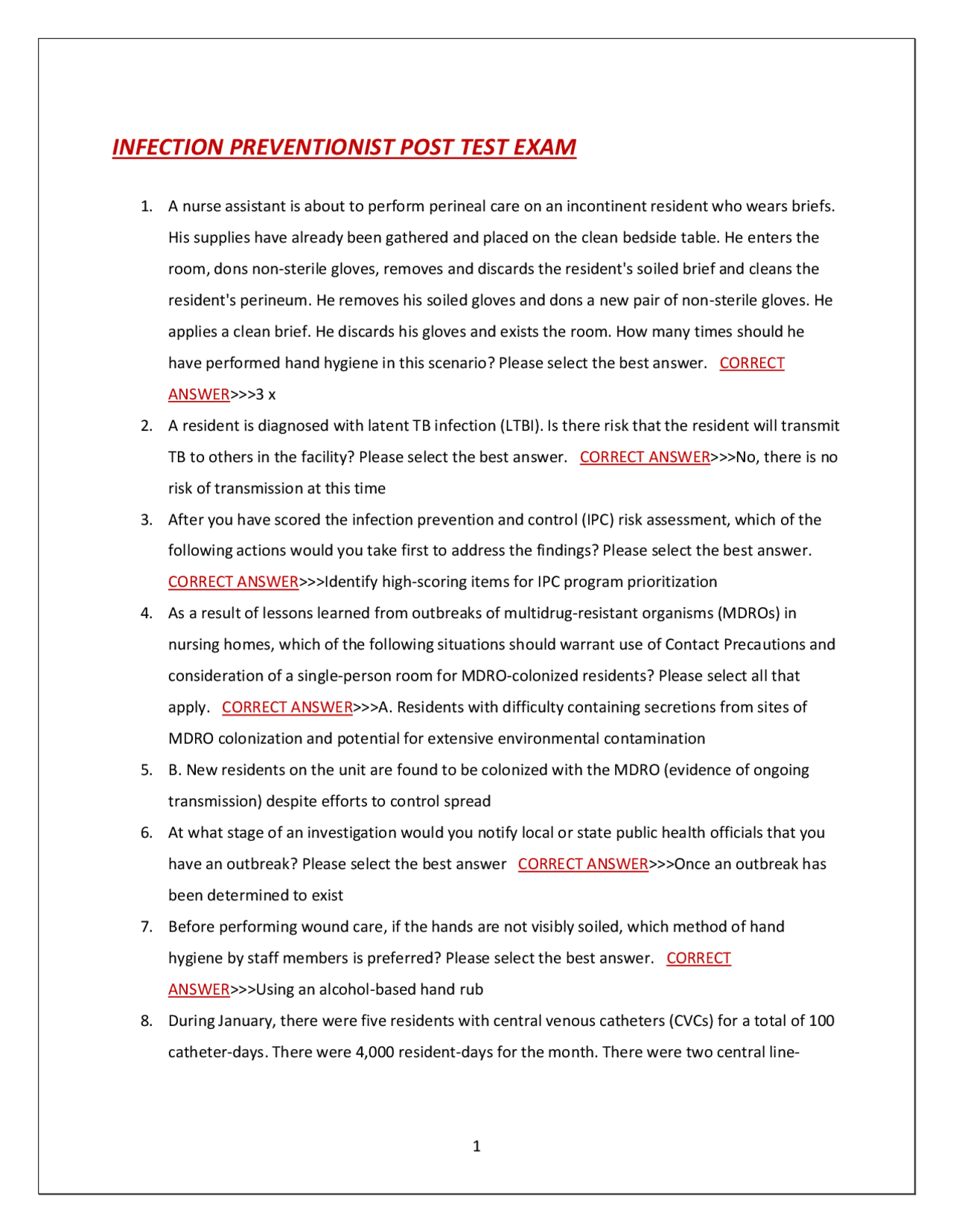 Infection Preventionist Post Test Exam: Multiple Choice Questions and ...