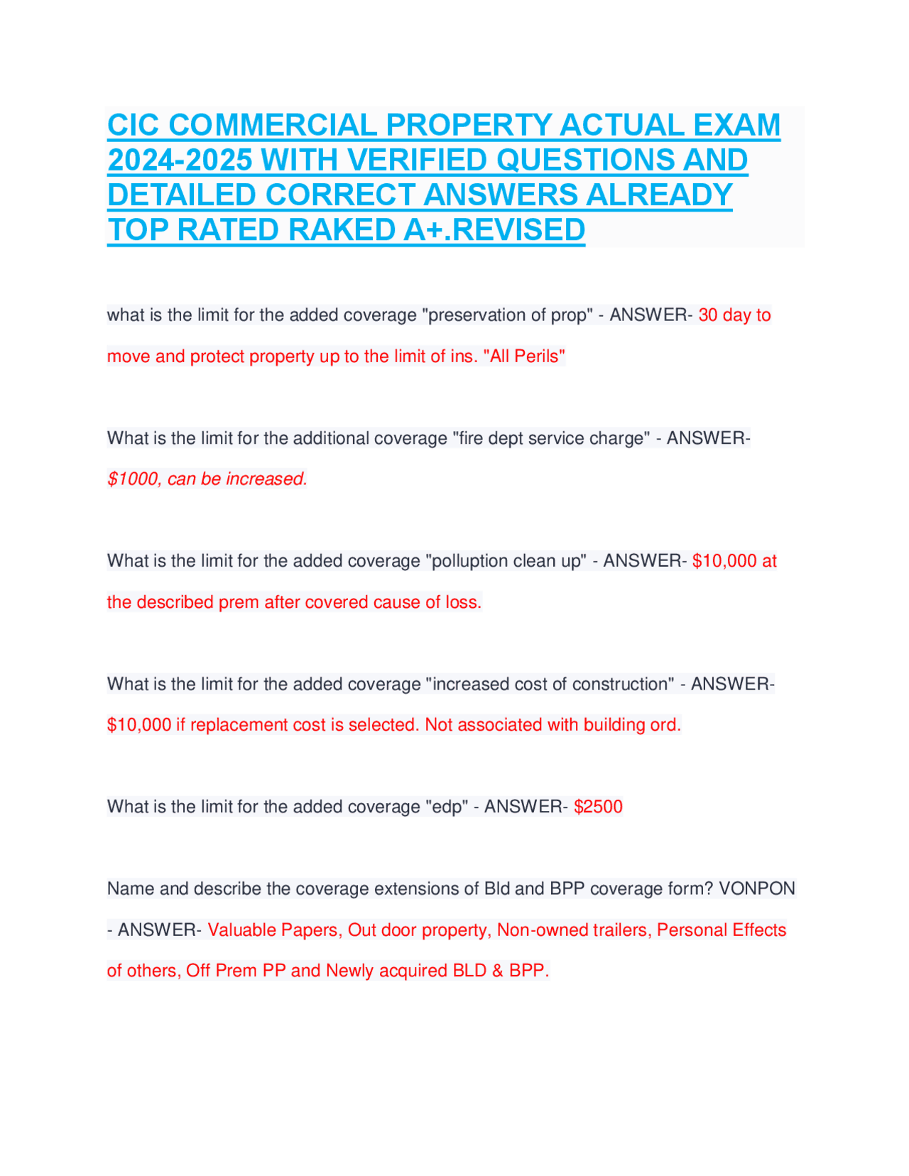 CIC Commercial Property Actual Exam: 2024-2025 with Verified Questions ...