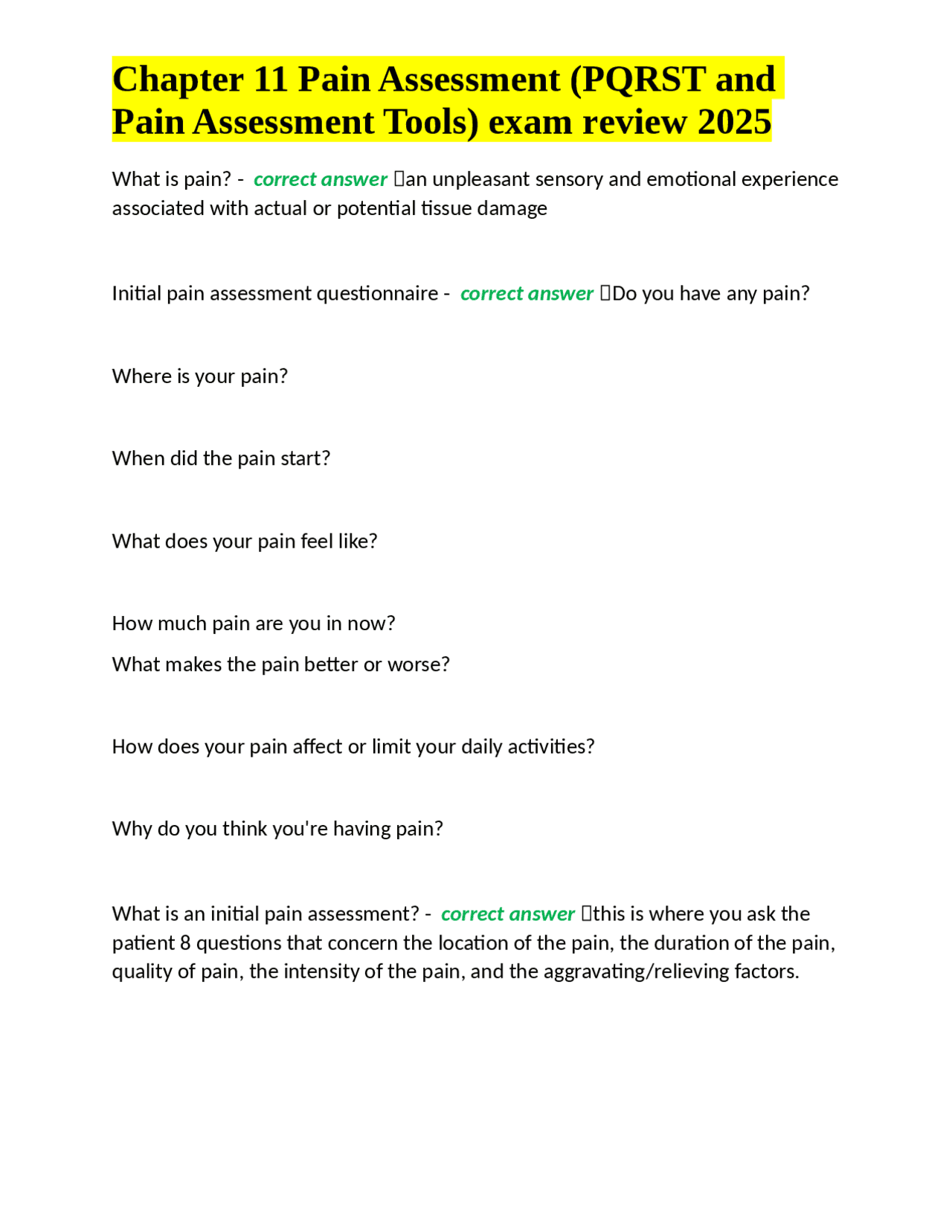 Pain Assessment: PQRST and Pain Assessment Tools Exam Review 2025 ...