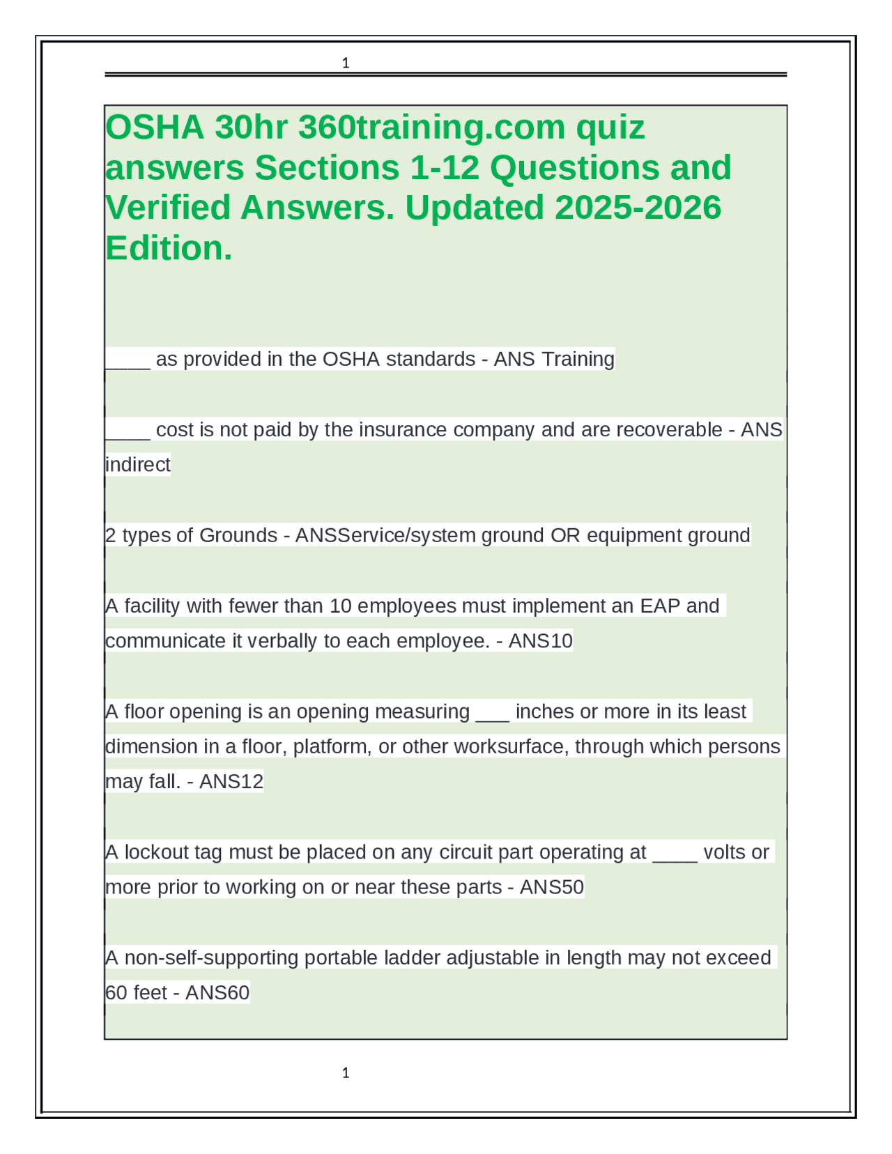 OSHA 30hr 360training.com quiz answers Sections 1-12 Questions and ...