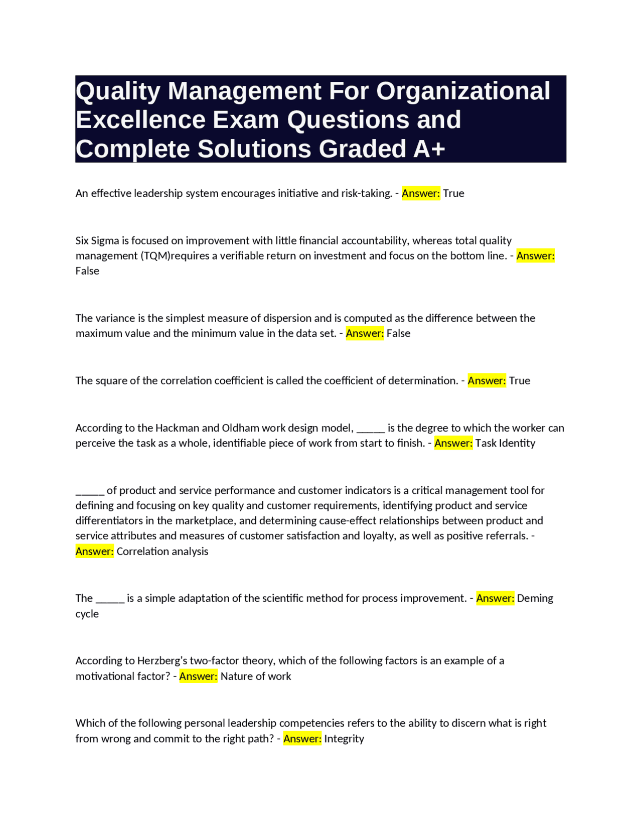 Quality Management For Organizational Excellence Exam Questions and ...