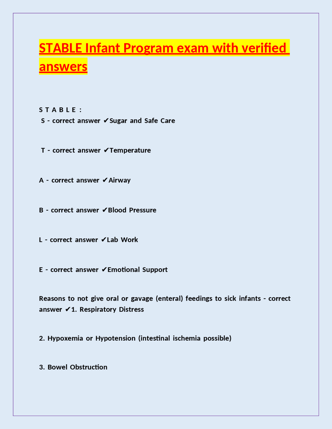 STABLE Test with verified answers | Exams Nursing | Docsity