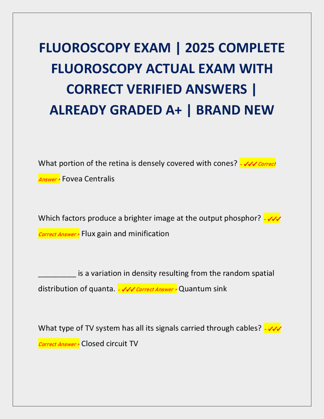 FLUOROSCOPY EXAM | 2025 COMPLETE FLUOROSCOPY ACTUAL EXAM WITH CORRECT ...