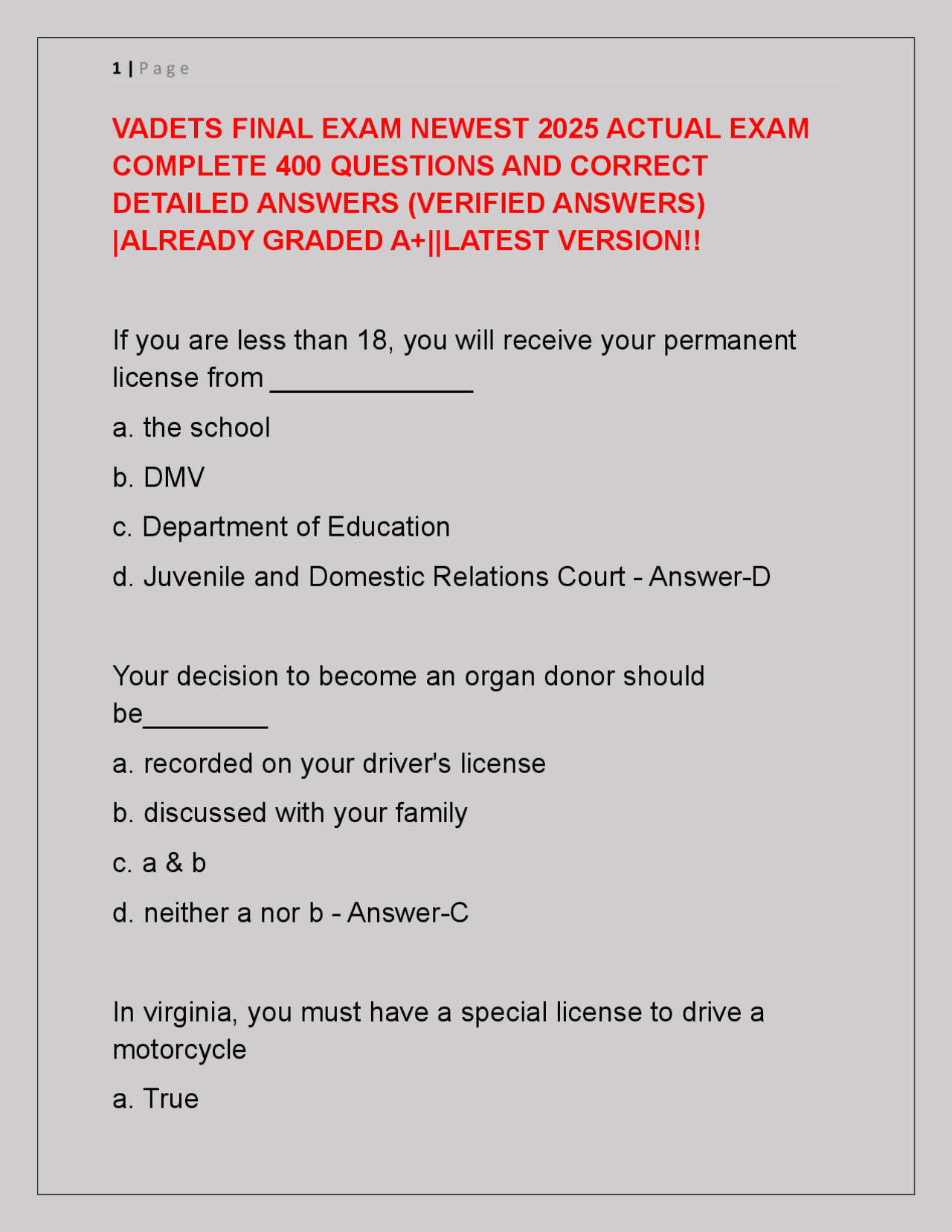 VADETS FINAL EXAM NEWEST 2025 ACTUAL EXAM COMPLETE 400 QUESTIONS AND ...