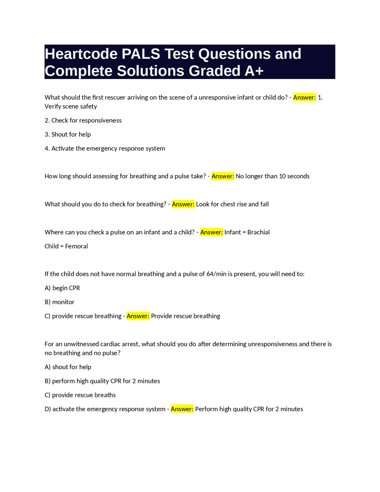 Heartcode PALS Test Questions and Complete Solutions Graded A+ | Exams ...