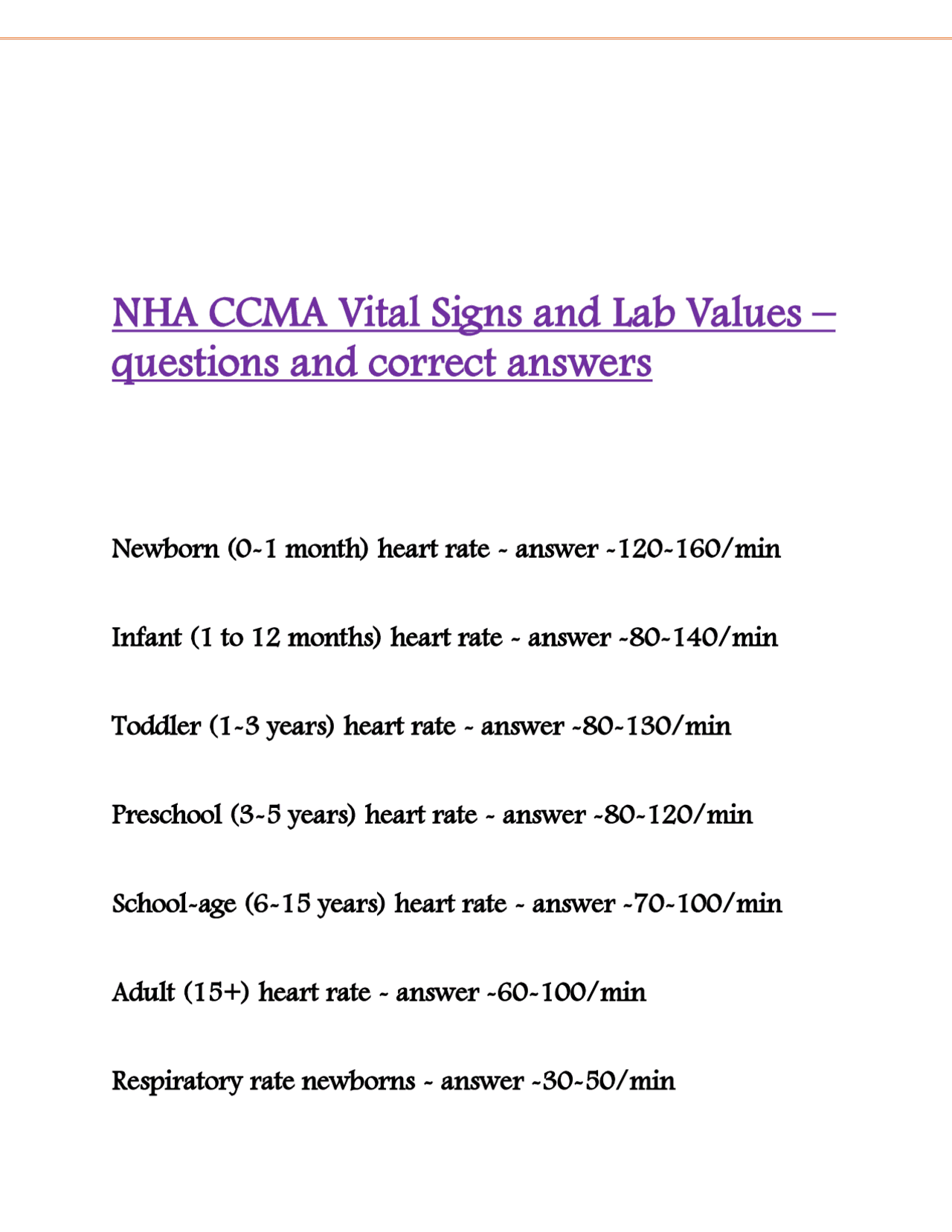 NHA CCMA Vital Signs and Lab Values – questions and correct answers ...