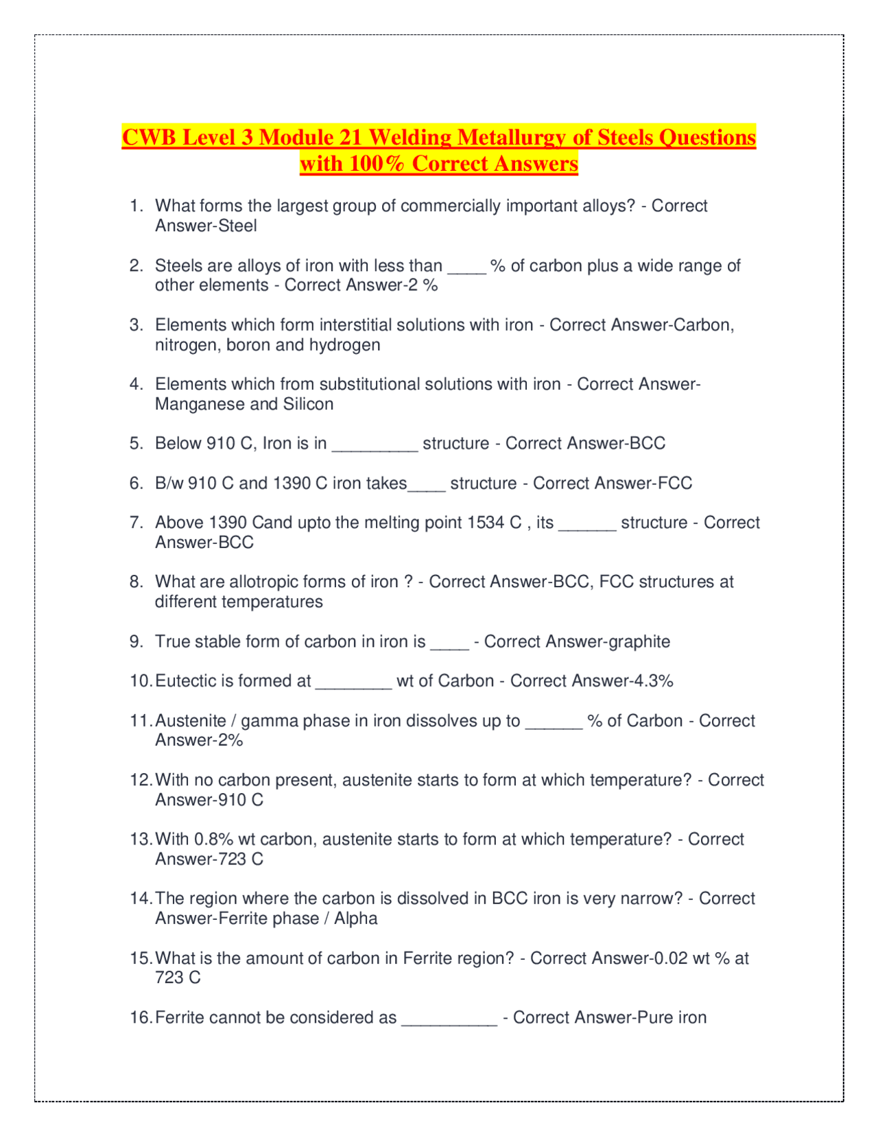 CWB Level 3 Module 21 Welding Metallurgy of Steels Questions with 100% ...