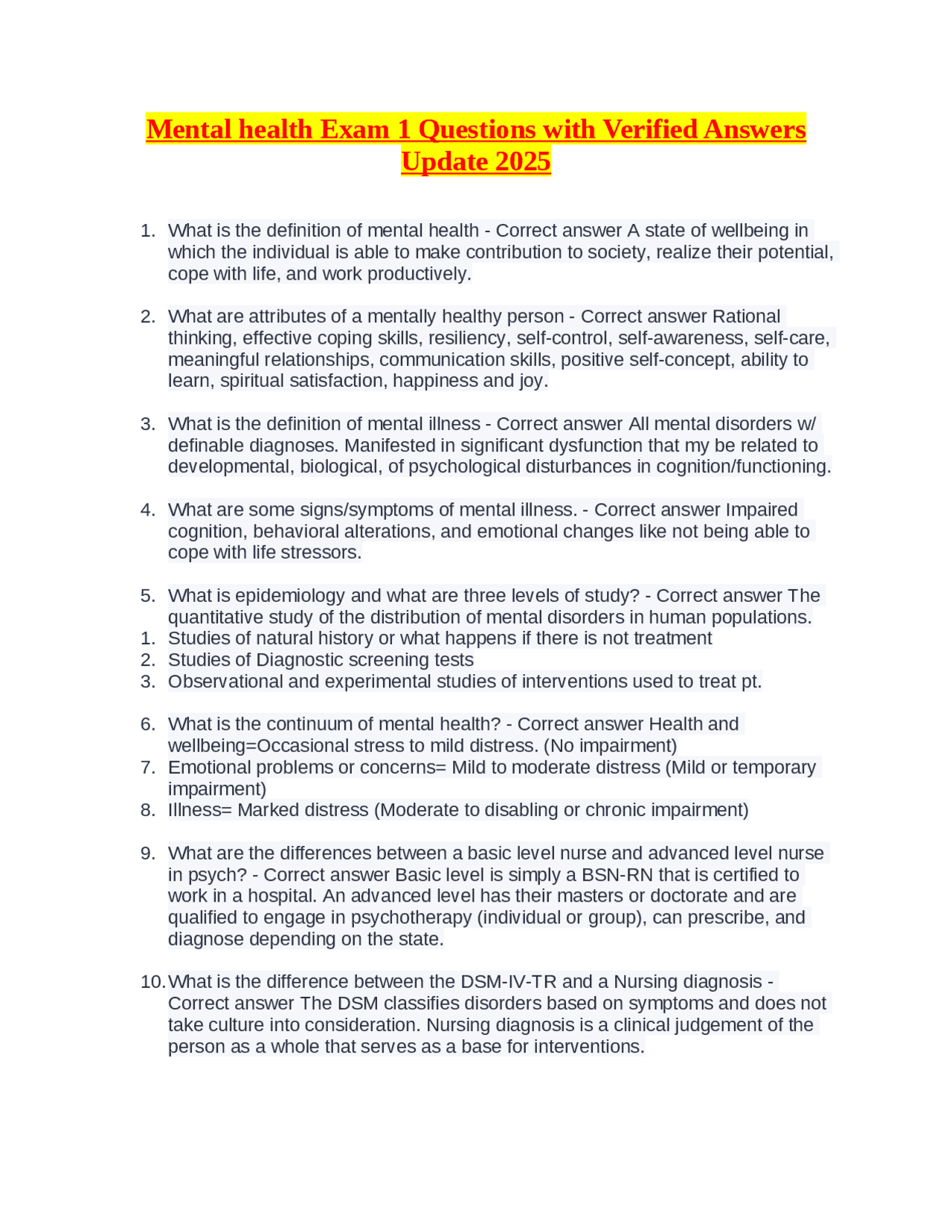 Mental health Exam 1 Questions with Verified Answers Update 2025 ...