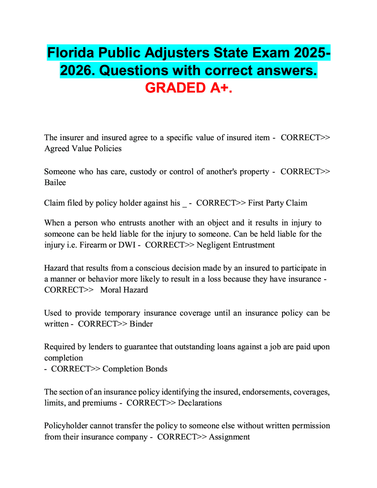 Florida Public Adjusters State Exam 2025 2026. Questions with correct ...