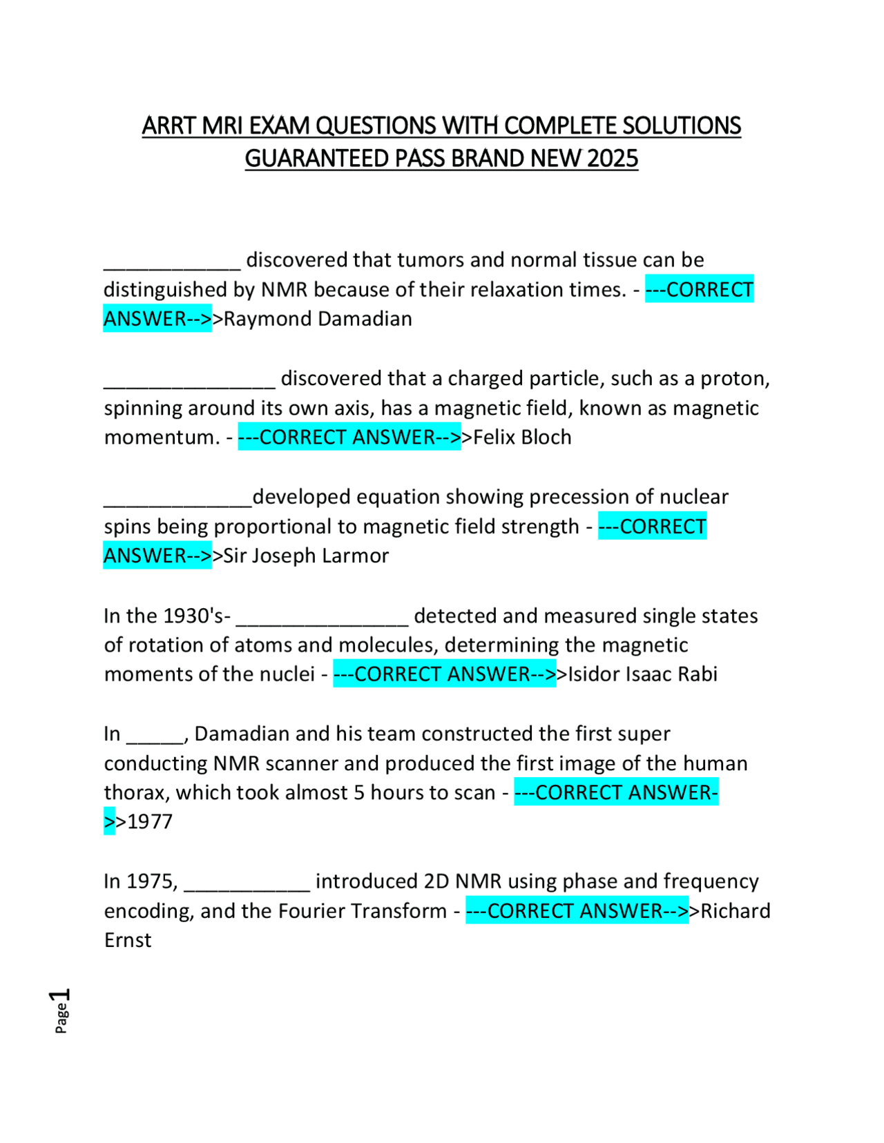 ARRT MRI EXAM QUESTIONS WITH COMPLETE SOLUTIONS GUARANTEED PASS BRAND ...