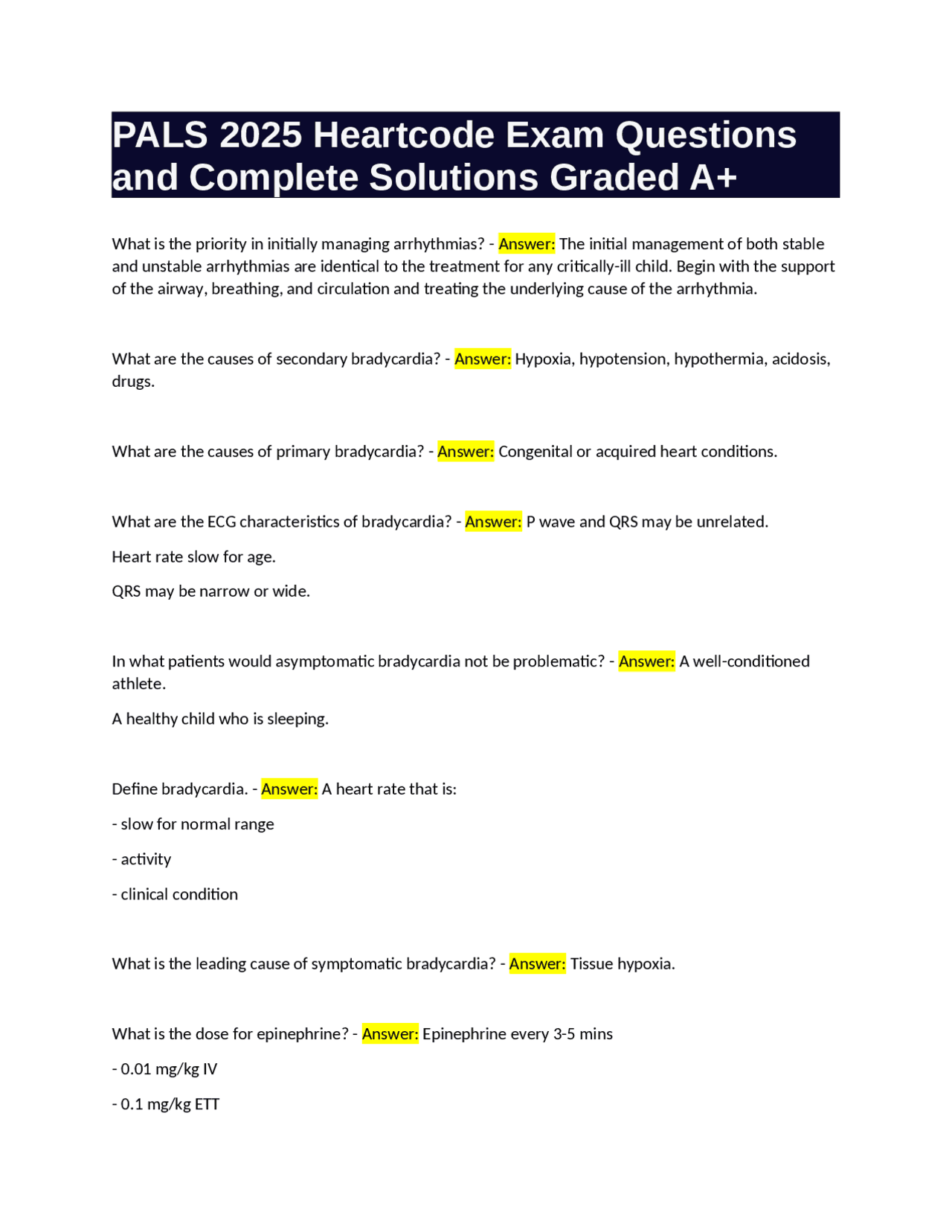 PALS Heartcode Exam Questions and Complete Solutions Graded A+ | Exams ...
